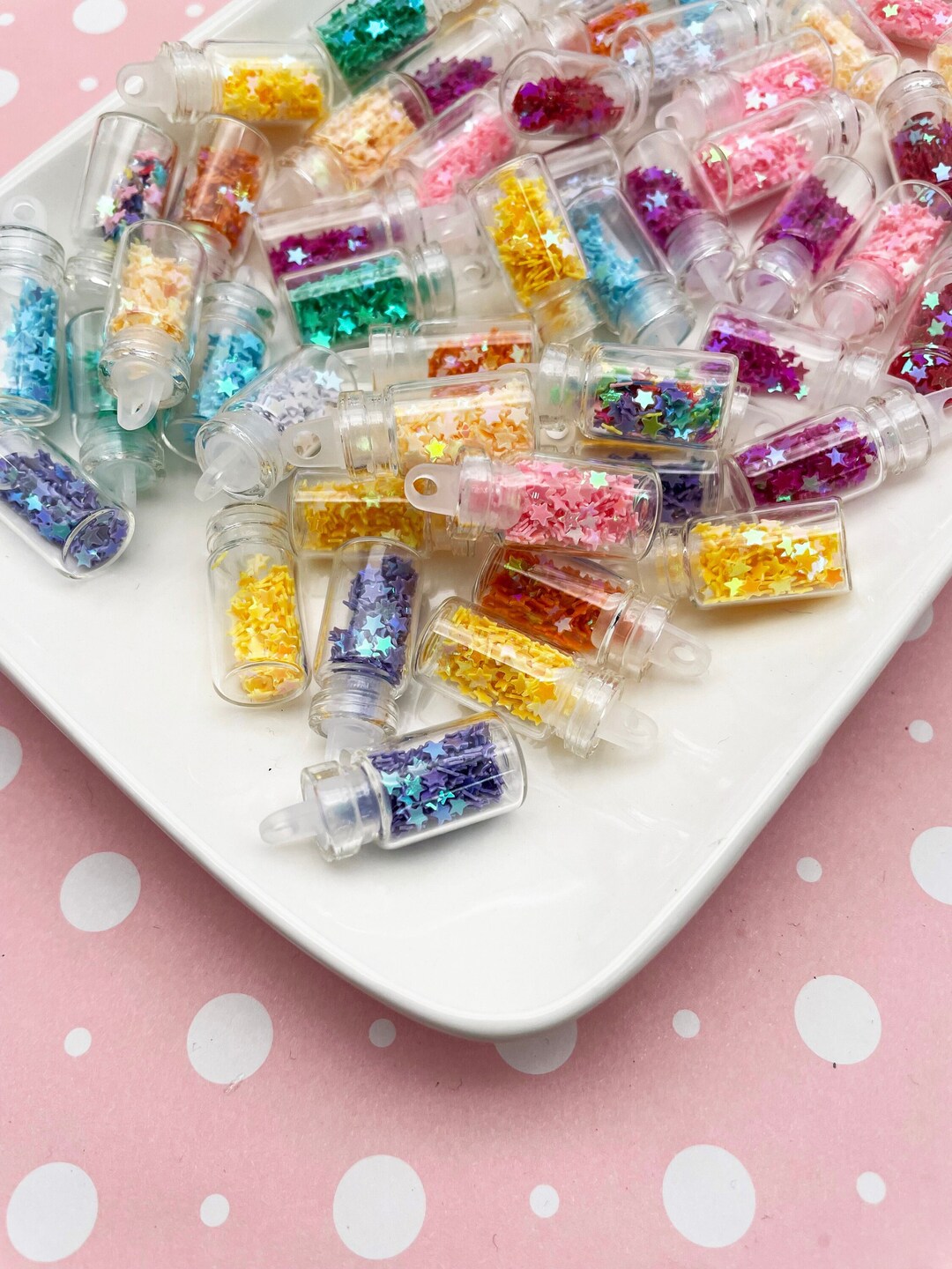 8 Random Star Glitter Embellishment Filled Glass Bottle Jar Pendant ...