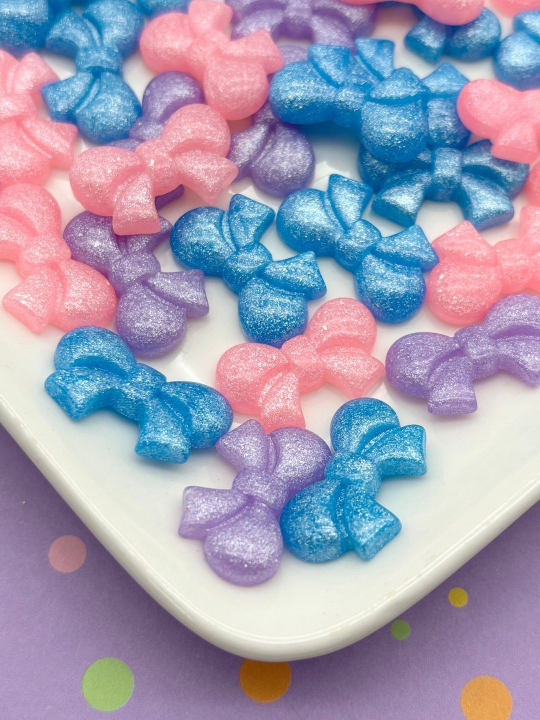 9 Pastel Glittery Assorted Bow Cabochons, Flat Backed Resin Bowknot ...