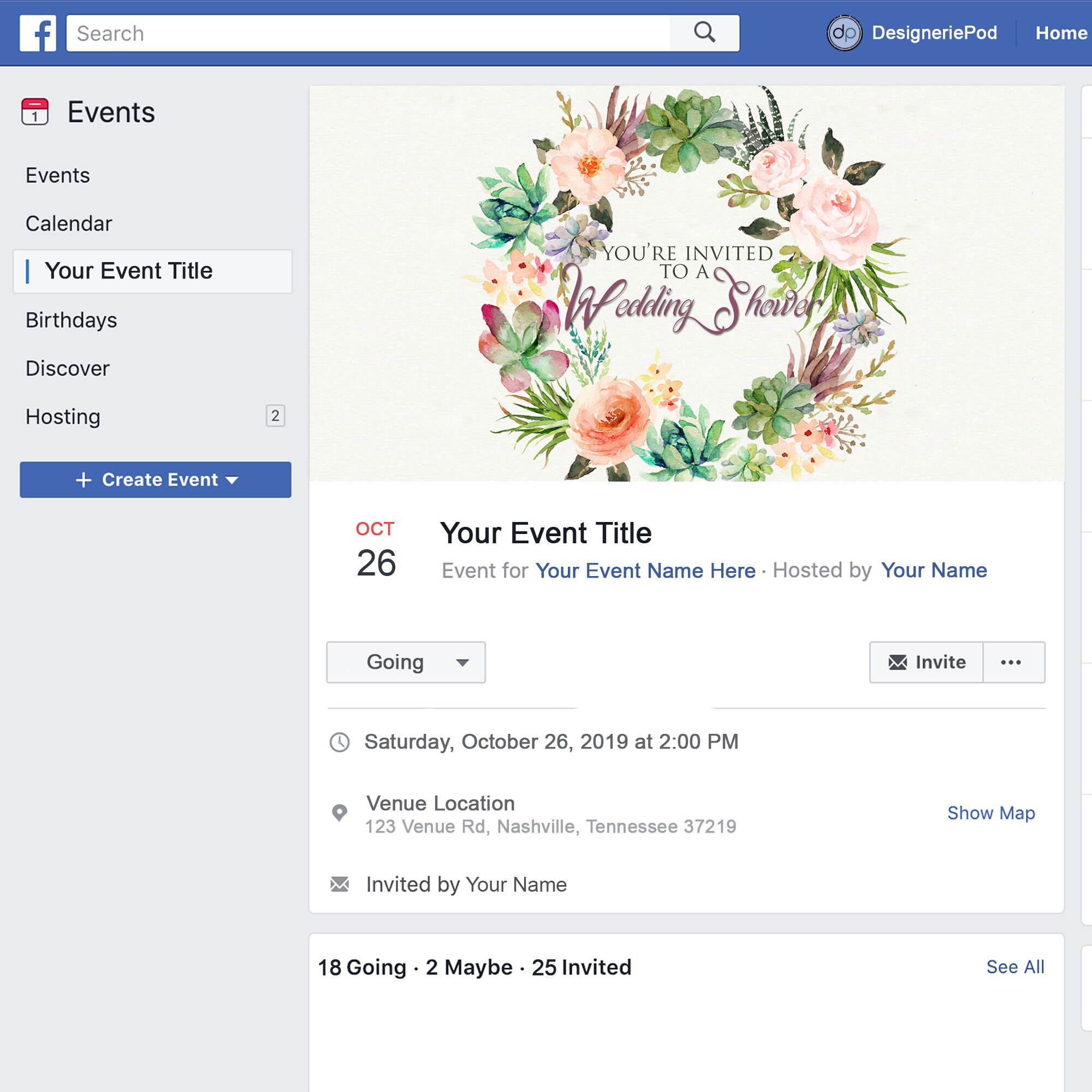 Facebook Event Page Banner, Wedding Shower, Floral, Greenery, Wreath - Etsy