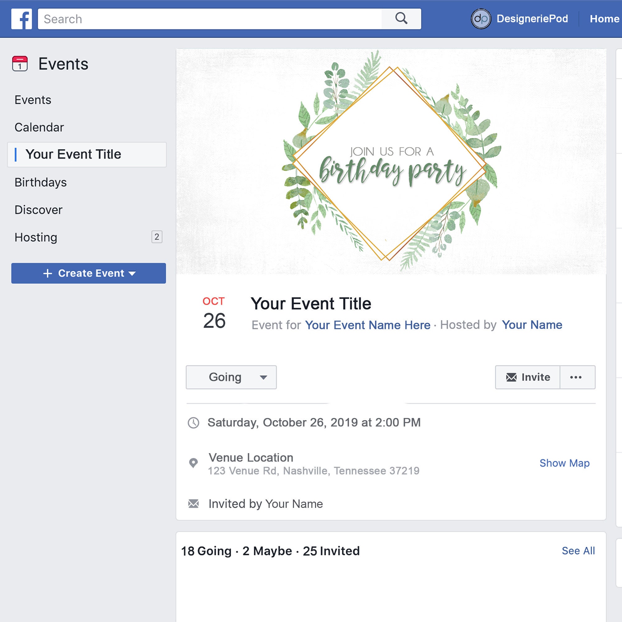 Facebook Event Page Banner, Birthday Party, Floral, Greenery - Etsy