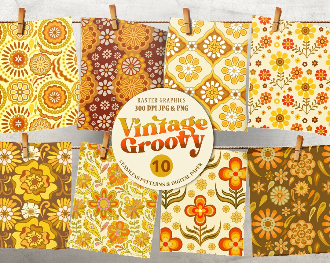 Vintage Groovy Floral Patterns Digital Paper, 70s Retro Floral Pattern ...