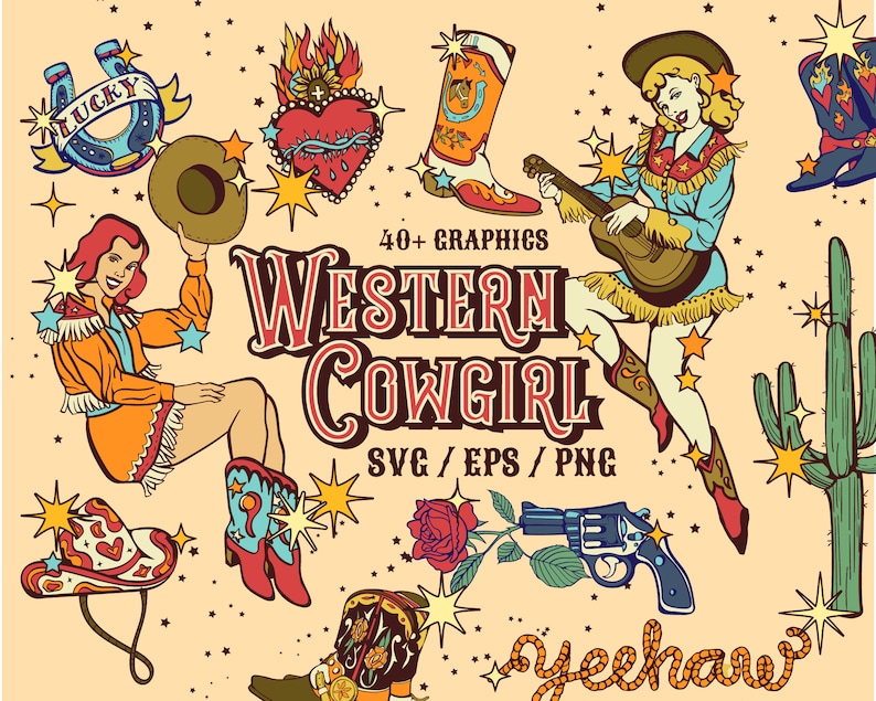 Cowgirl Western Svg Retro Wild West Illustrations Png Eps Vintage Pinup