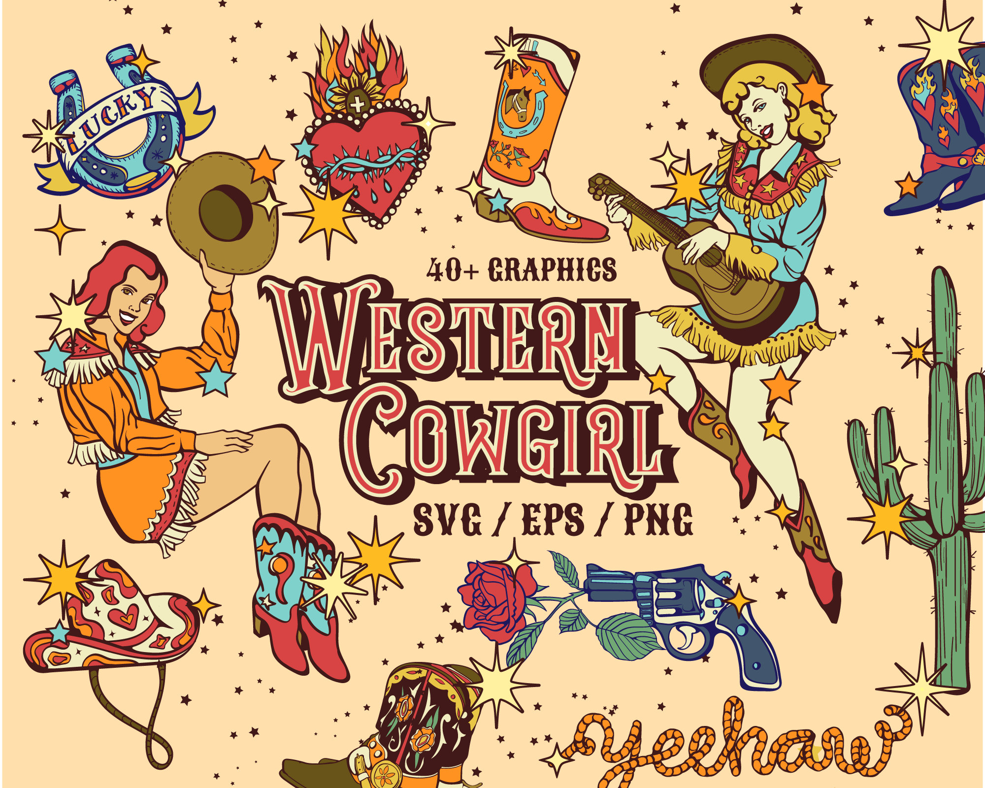 Retro Cowgirl Clipart: Western SVG Illustrations (PNG, EPS) - Etsy
