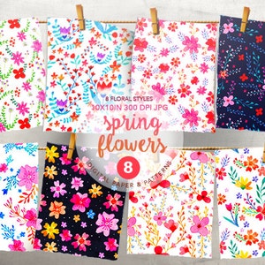 Spring Flowers Digital Paper and Patterns, Watercolor Floral Clipart ...