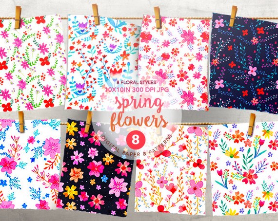 Spring Flowers Digital Paper and Patterns Watercolor Floral | Etsy