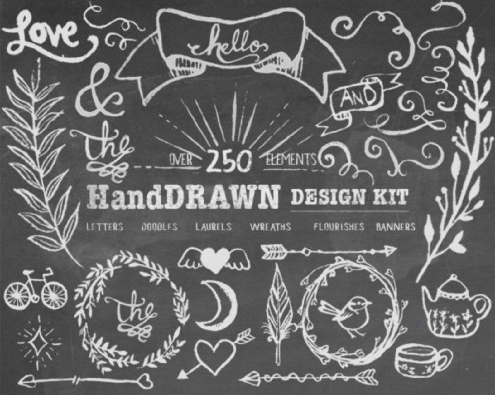Handdrawn Design Kit, Rustic Chalk Art Bundle, Design Elements ...