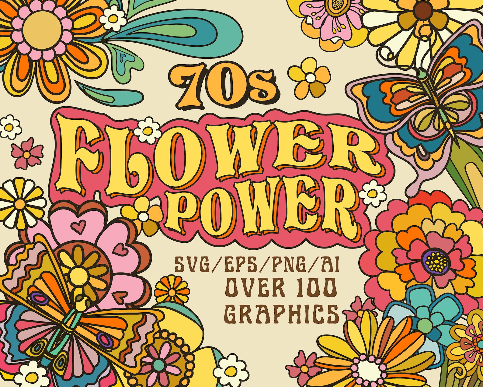 70s Retro Flower Power Design Bundle SVG Ai EPS PNG, Groovy Retro Art ...