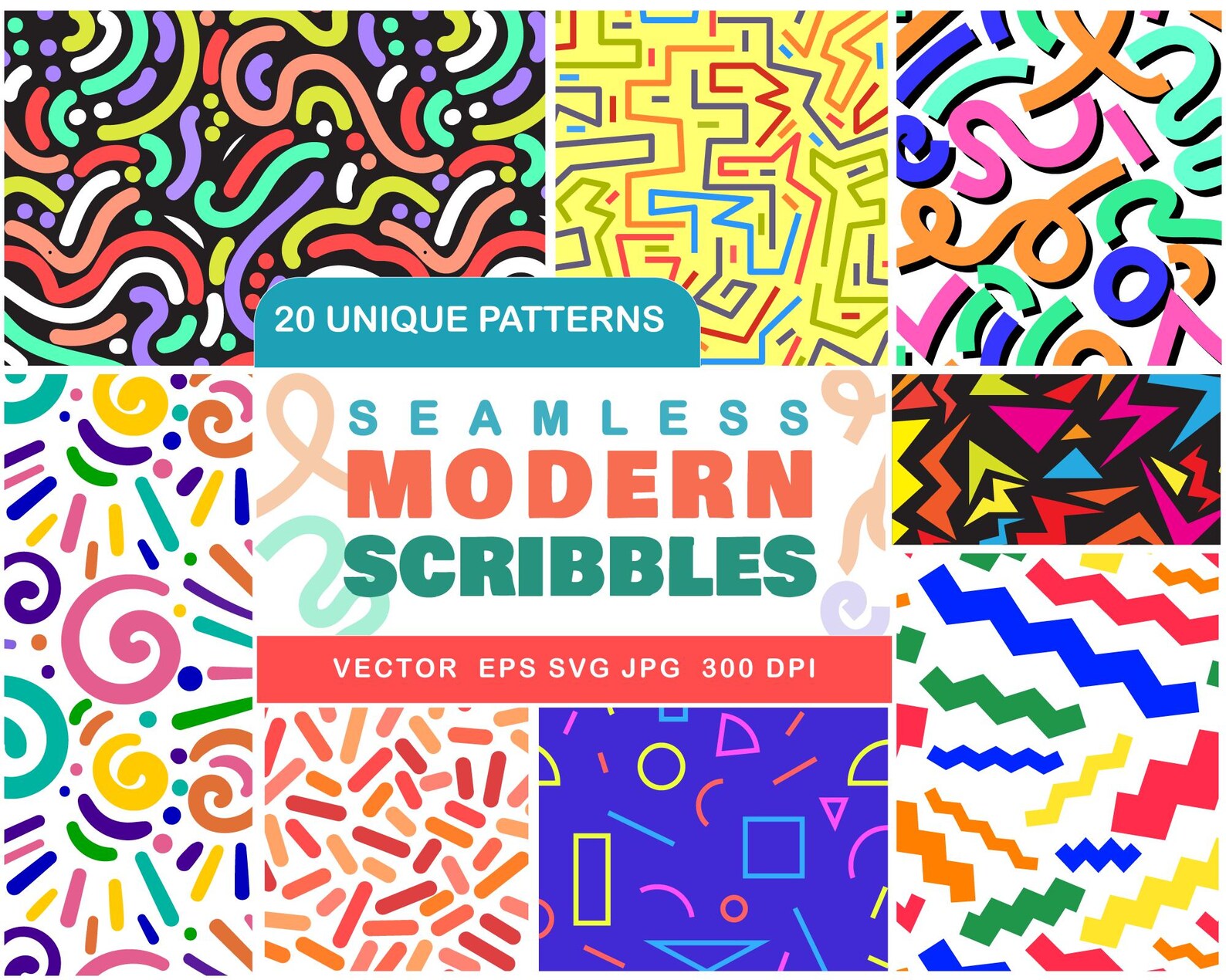 Modern Scribbles Seamless Patterns SVG Ai EPS, Memphis Vector Patterns ...