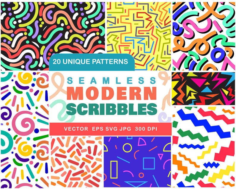 Modern Scribbles Seamless Patterns SVG Ai EPS, Memphis Vector Patterns ...