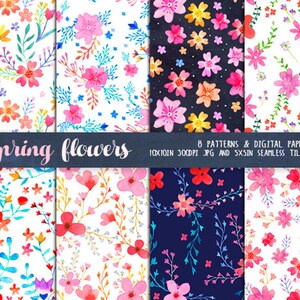 Spring Flowers Digital Paper and Patterns, Watercolor Floral Clipart ...
