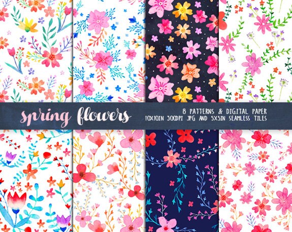 Spring Flowers Digital Paper and Patterns Watercolor Floral - Etsy