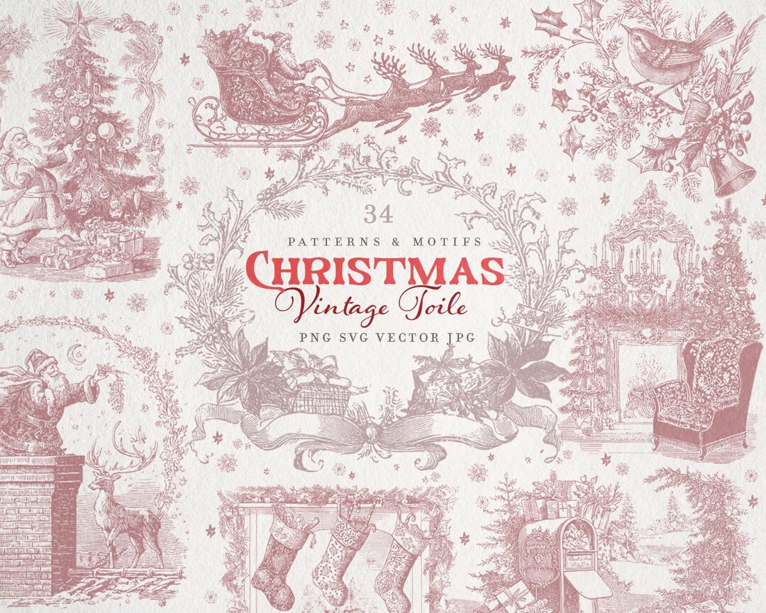 Christmas Toile De Jouy Patterns, Vintage Santa Claus Clipart, Holiday ...
