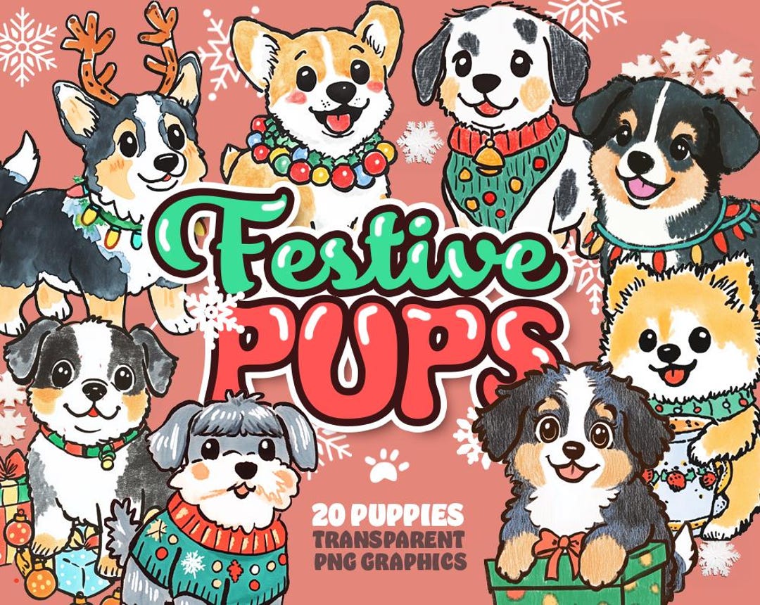 Christmas Pet Portraits PNG, Holiday Chibi Puppies Clipart, Christmas ...