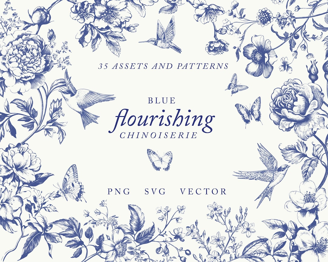 Blue Chinoiserie SVG Ai EPS PNG Cricut, Toile Patterns, Chinoiserie ...