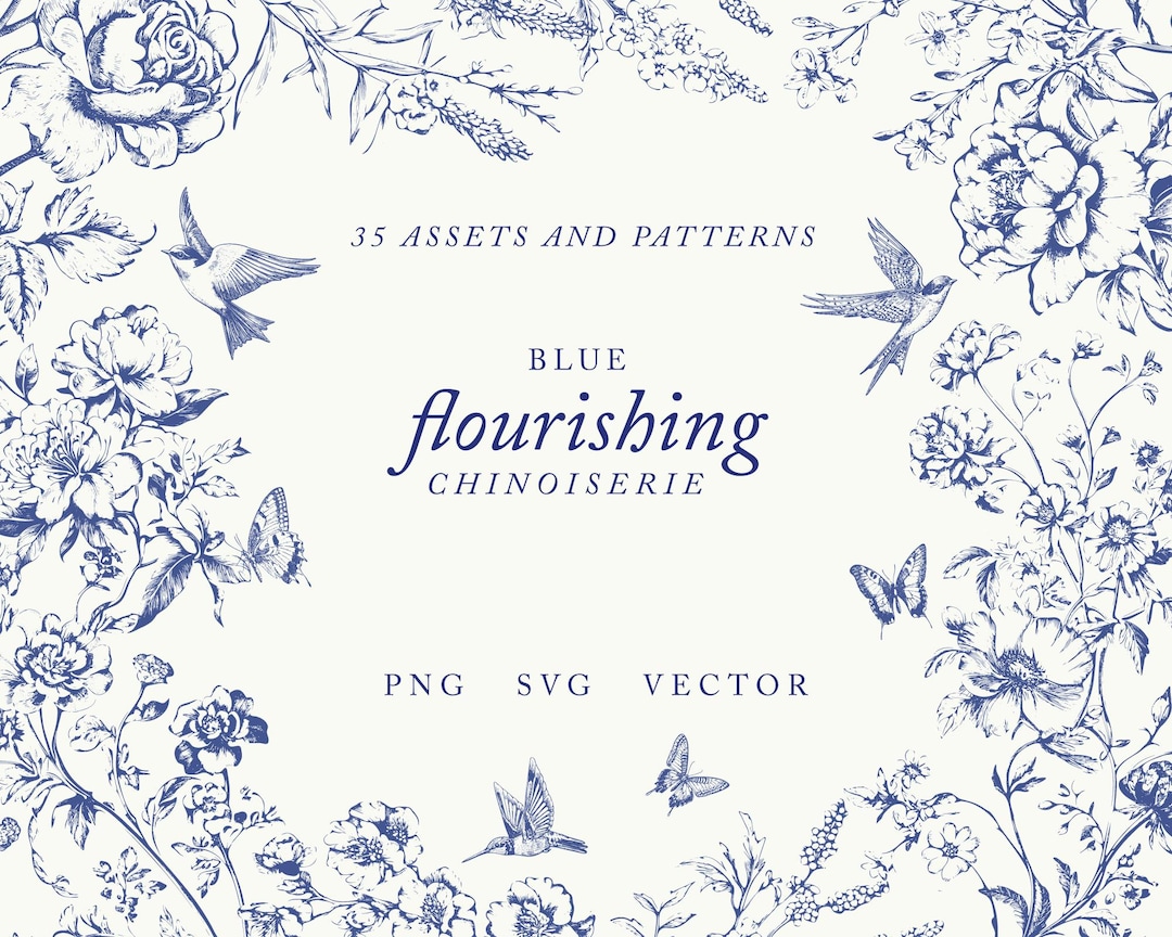 Blue Chinoiserie SVG Ai EPS PNG Cricut, Toile Patterns, Chinoiserie ...