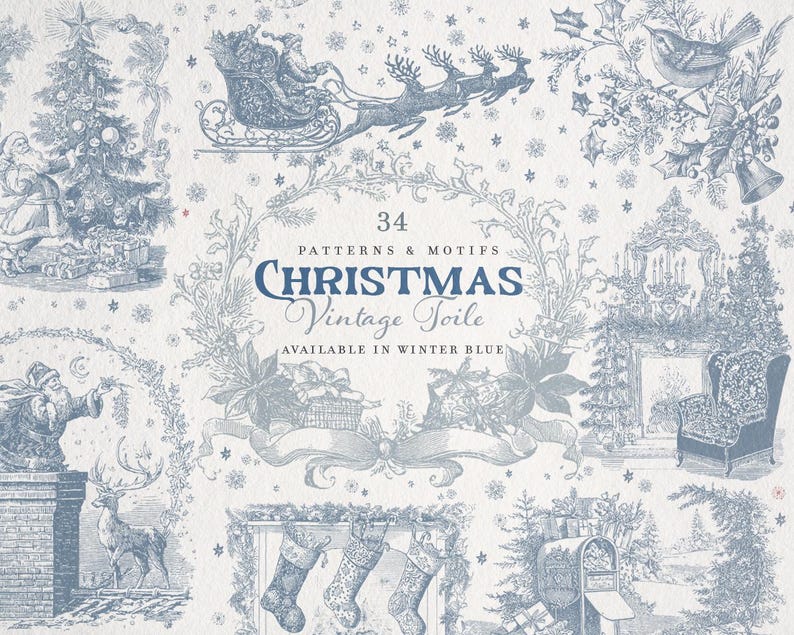 Christmas Toile De Jouy Patterns, Vintage Santa Claus Clipart, Holiday ...