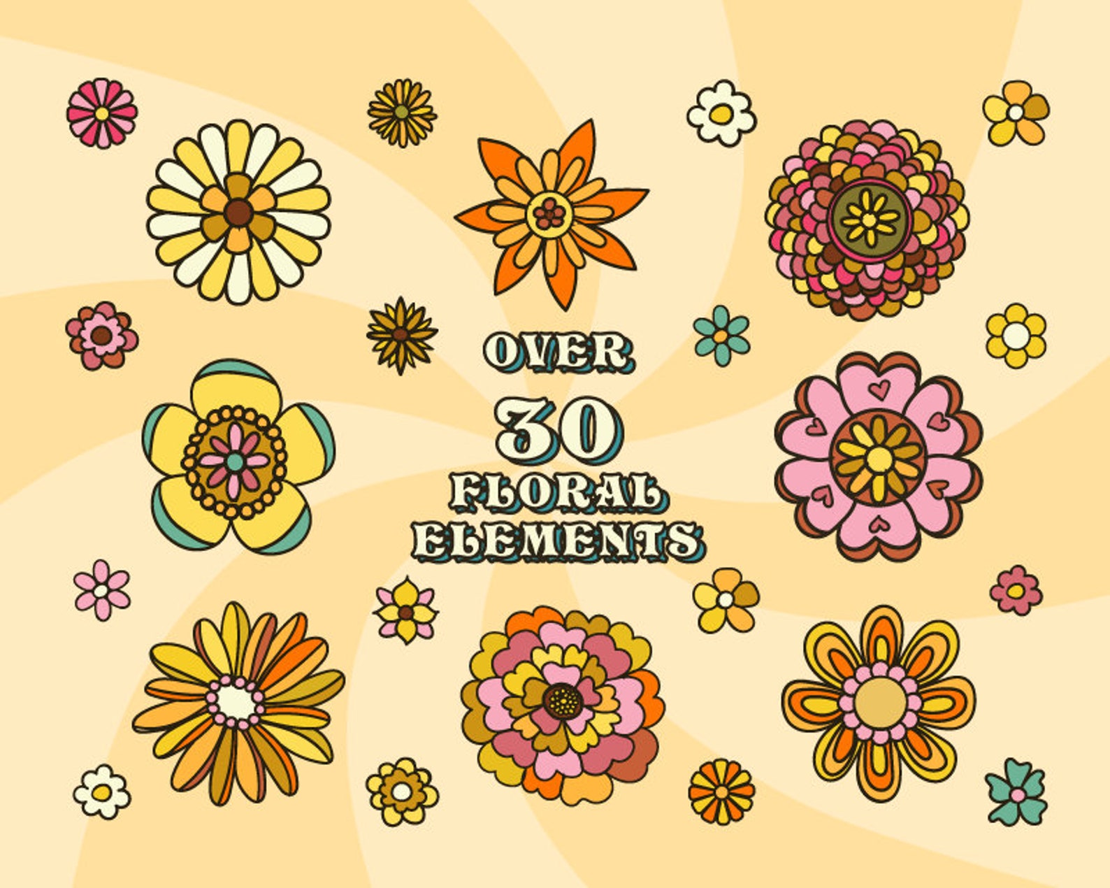 70s Retro Flower Power Design Bundle SVG Ai EPS PNG, Groovy Retro Art ...