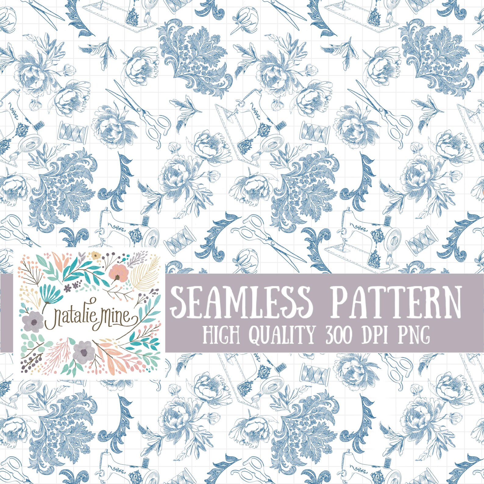 Vintage Sewing Toile Seamless Digital Paper | Blue French Country ...