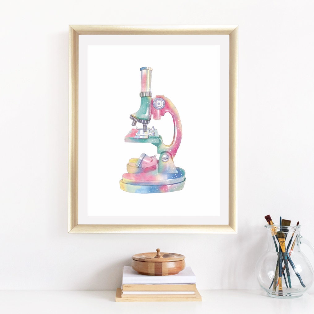 Microscope Watercolor Science Art Print Microbiology Wall | Etsy