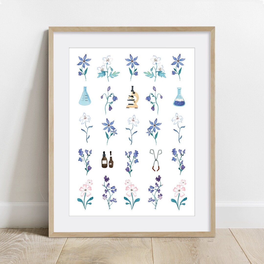 Blue Flower Collection With Biology Equipments Poster, Science Art ...