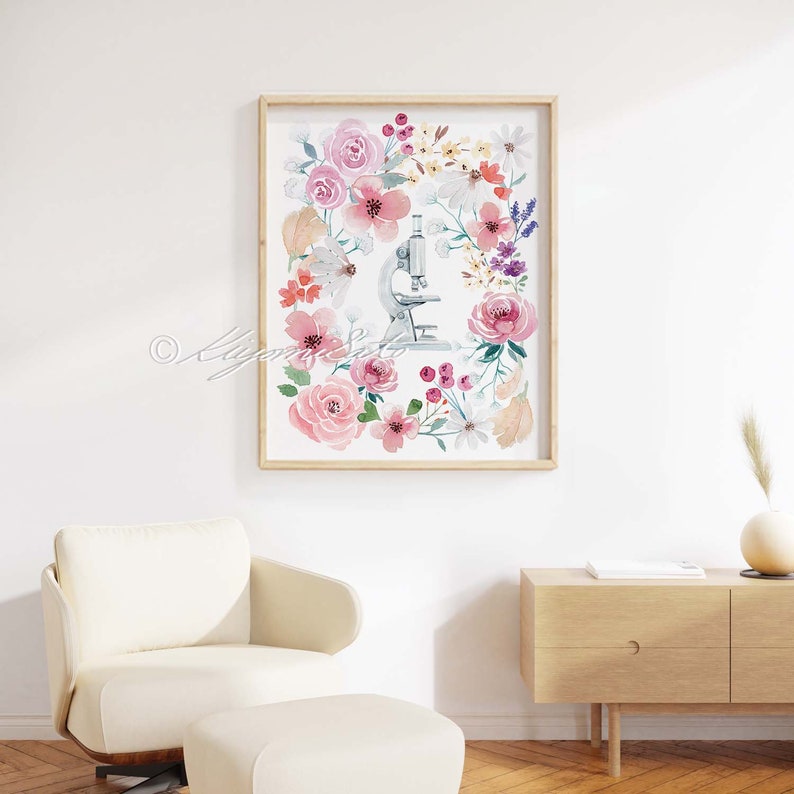 Microscope and Flower Art Print Microbiology Wall Decor - Etsy