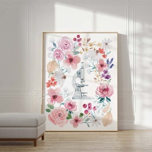 Microscope and Flower Art Print, Microbiology Wall Decor, Biology Art ...