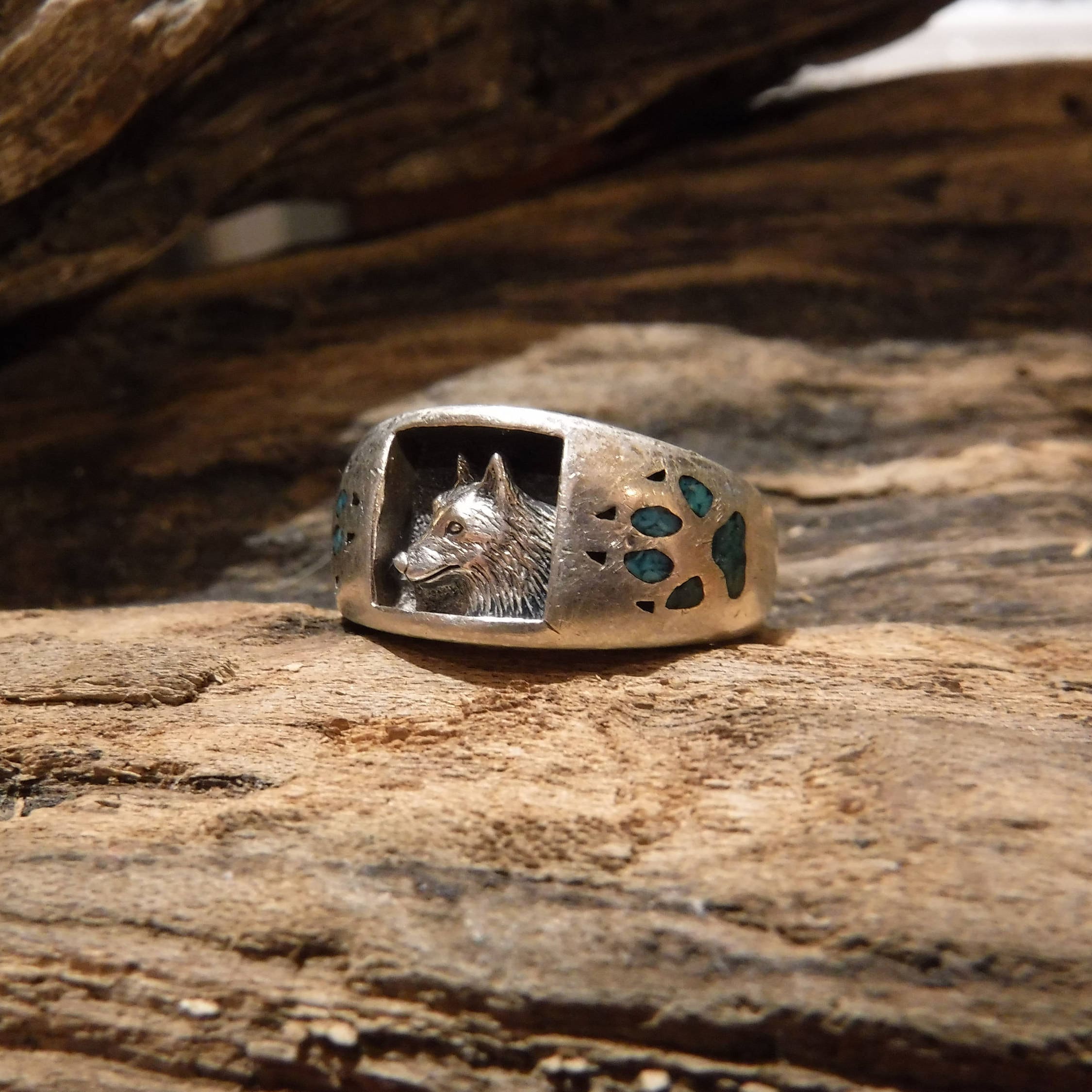 Vintage Sterling Mens Ring Wolf Ring Navajo Native American Signed Ring ...