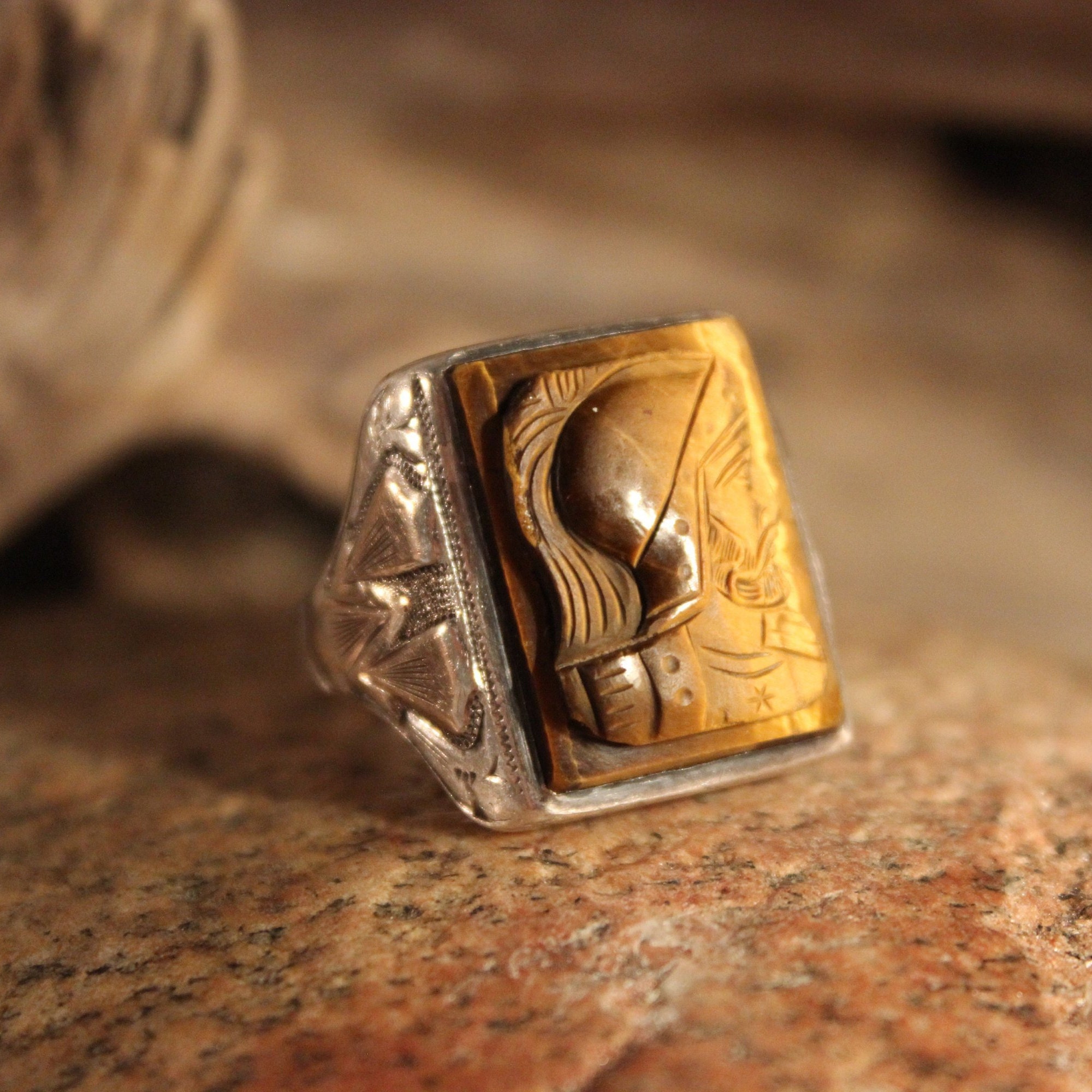 Vintage Intaglio 10K Gold Sterling Roman Soldier Ring 13.6 Grams Size ...