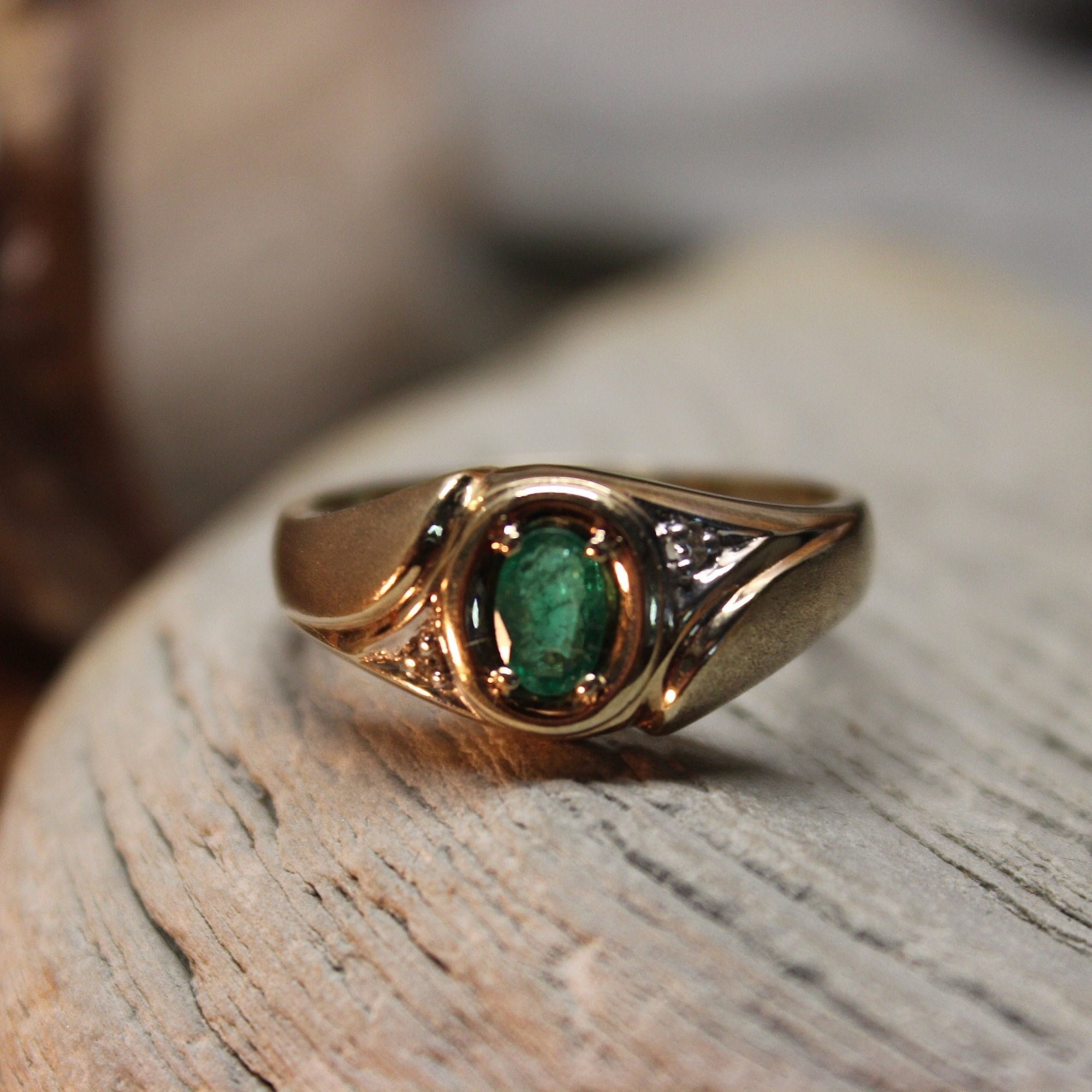 1980s Vintage Emerald & Diamond Gold Man Ring 10K Solid Gold 5.1 Grams ...