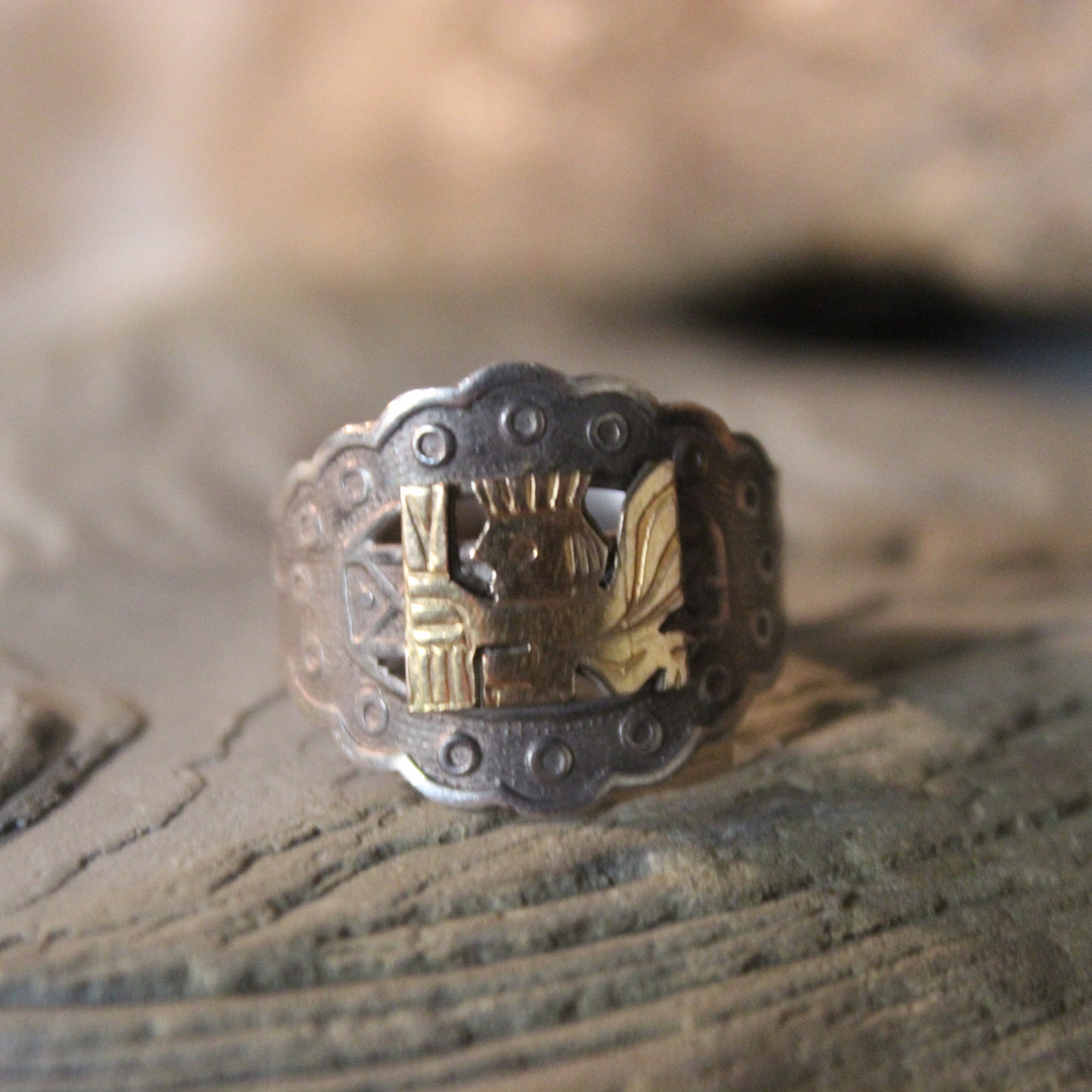 1960 Vintage Peruvian Inca Sterling Silver 18K Gold & Sterling Ring ...