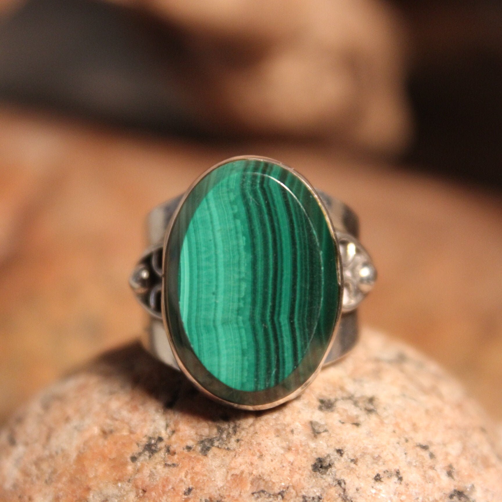 Sterling Mexico Large Green Malachite Mens Ring 10.9 Grams Adjustable Size 7 Vintage Rings ...