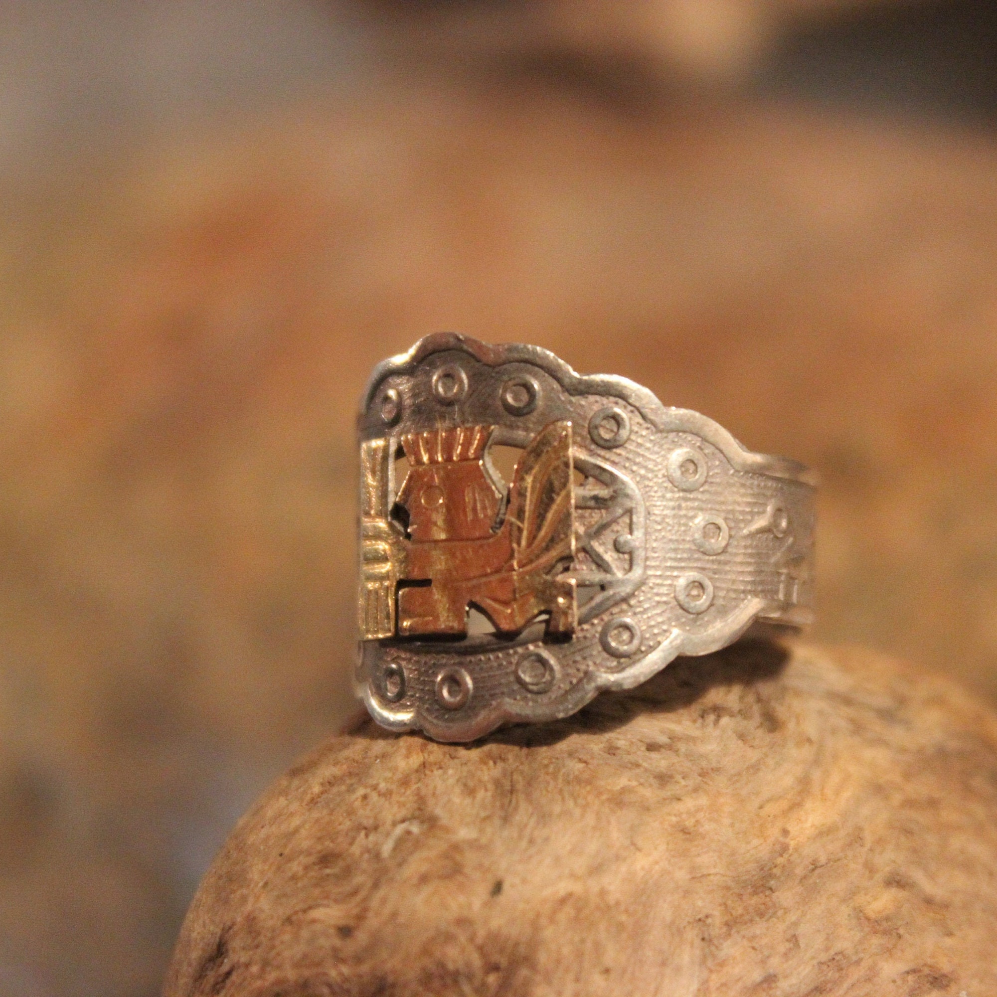 1960 Vintage Peruvian Inca Sterling Silver 18K Gold & Sterling Ring ...