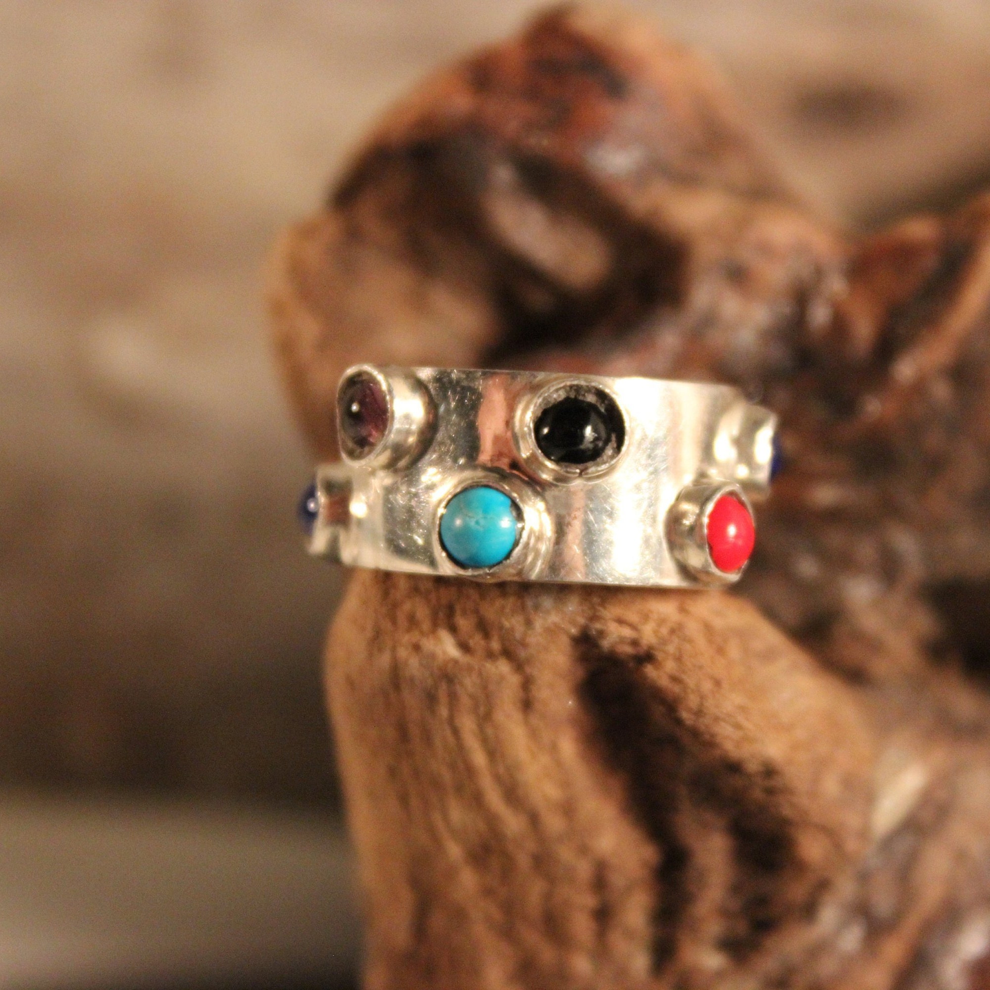 Sterling Mexico Large Multi Inlay Stone Mens Ring Heavy 7.5 Grams Size ...