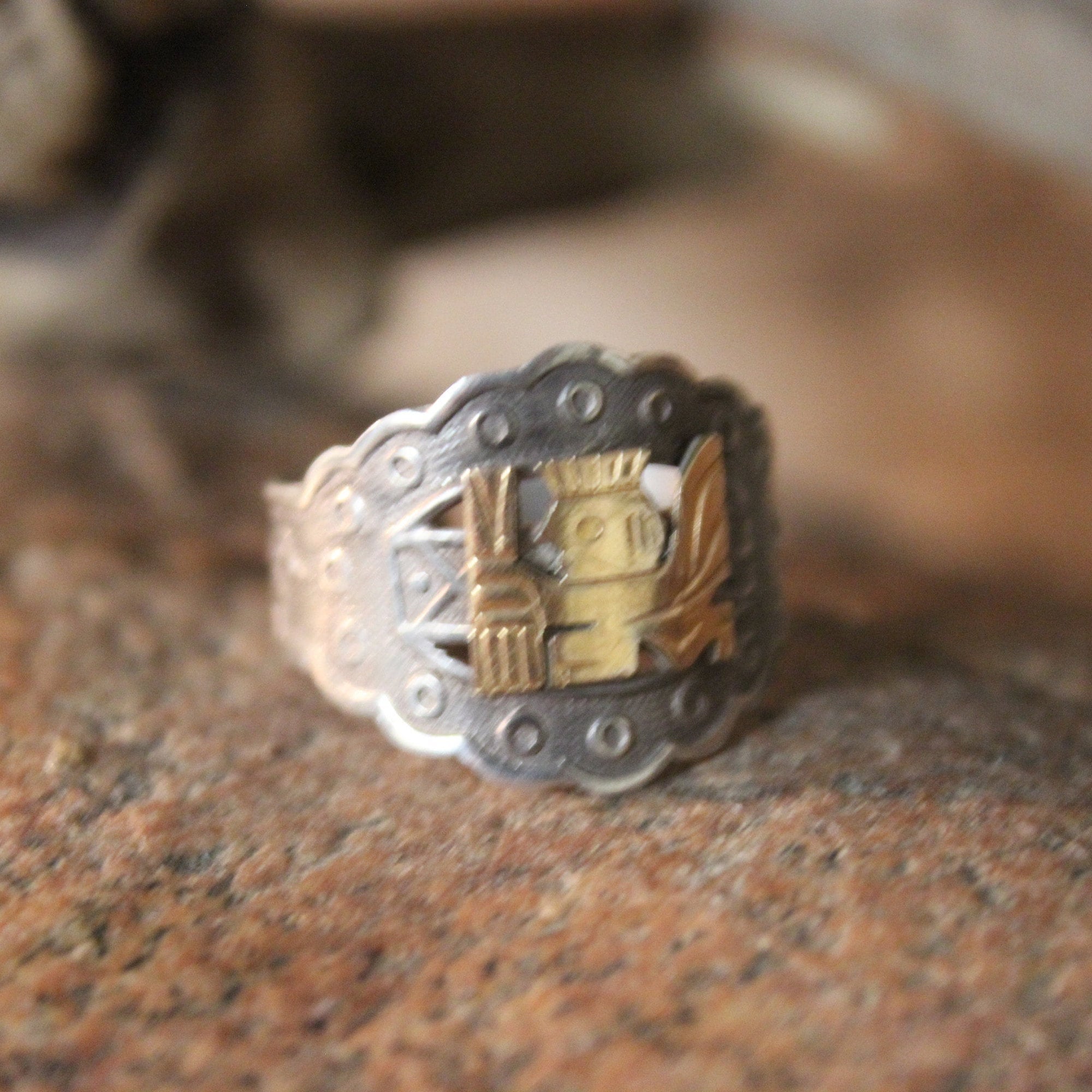 1960 Vintage Peruvian Inca Sterling Silver 18K Gold & Sterling Ring ...