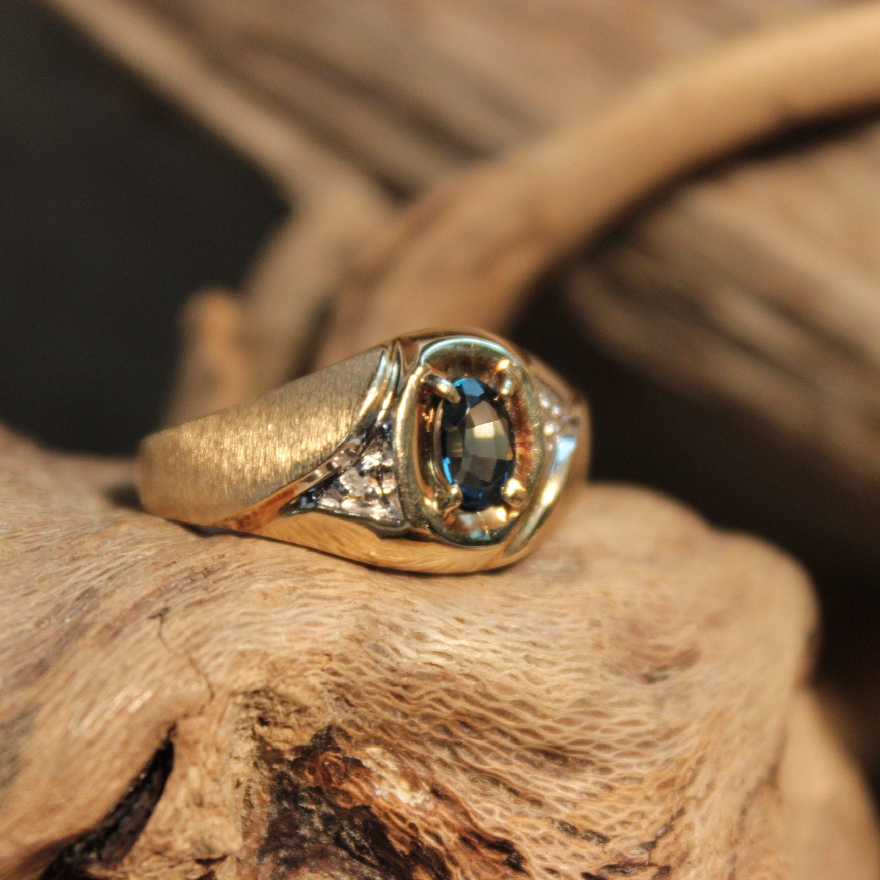 1980's Mens Caribbean Blue Quartz Diamond Ring Mens Gold Diamond Ring 4 ...