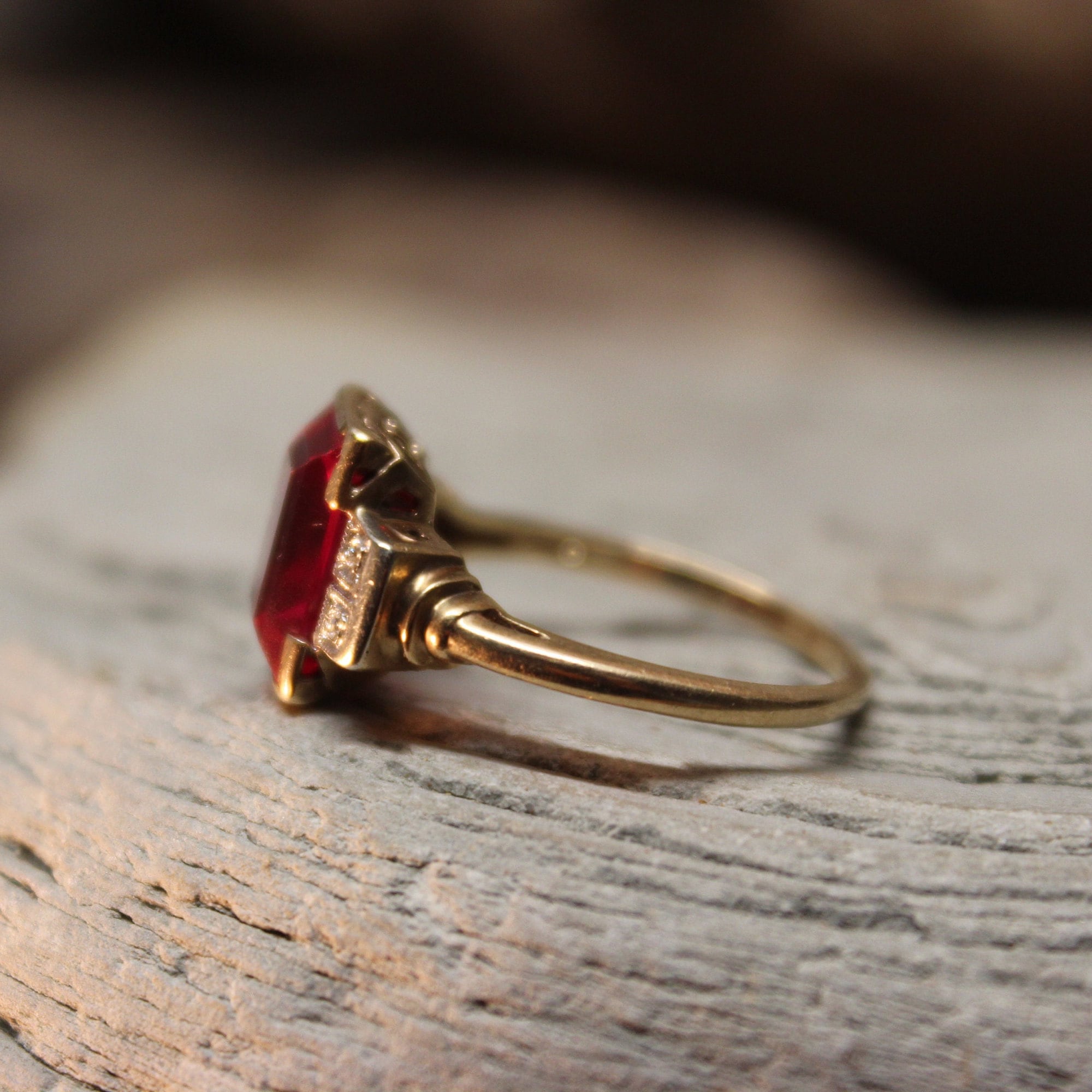 1930s Vintage Solid Gold Ruby Diamond Ring 10K Gold Ruby Deco Ring 3.1 ...