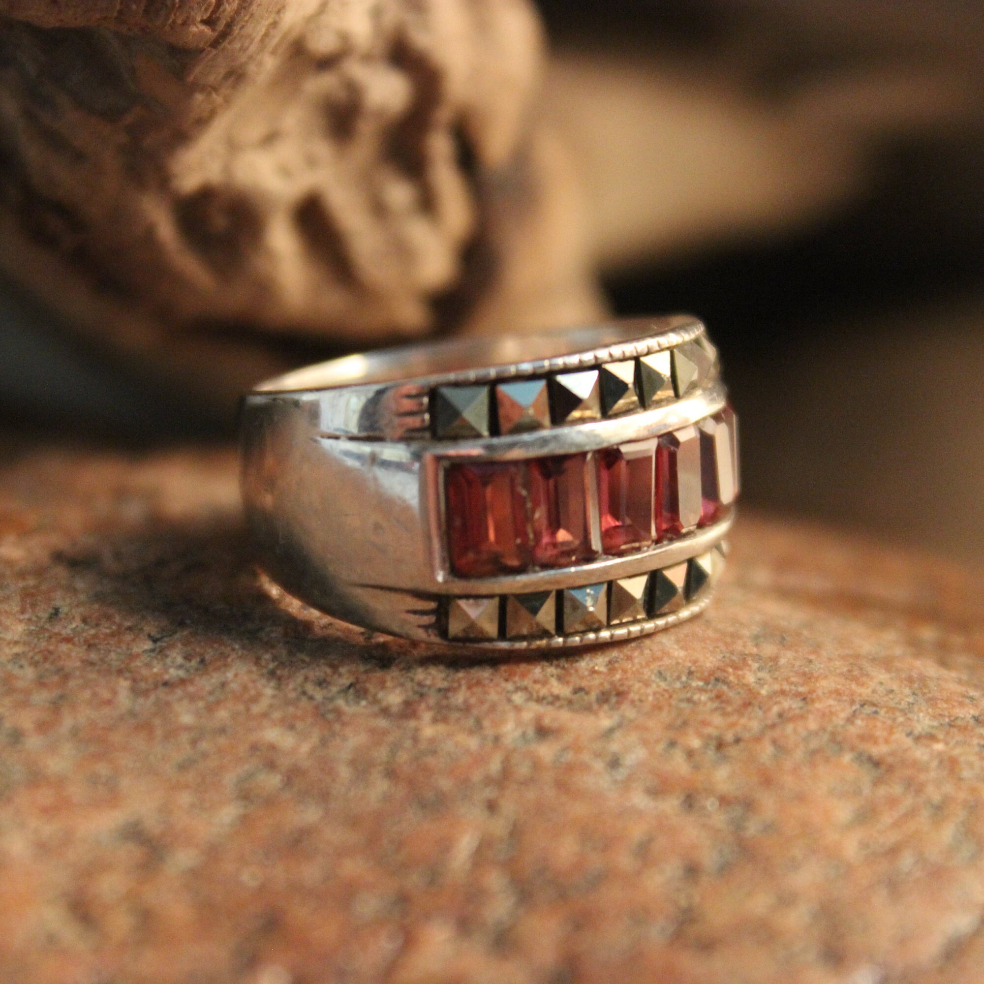 Vintage Red Garnet Marcasite Silver Ring Sterling Silver Ring Size 6.5 ...