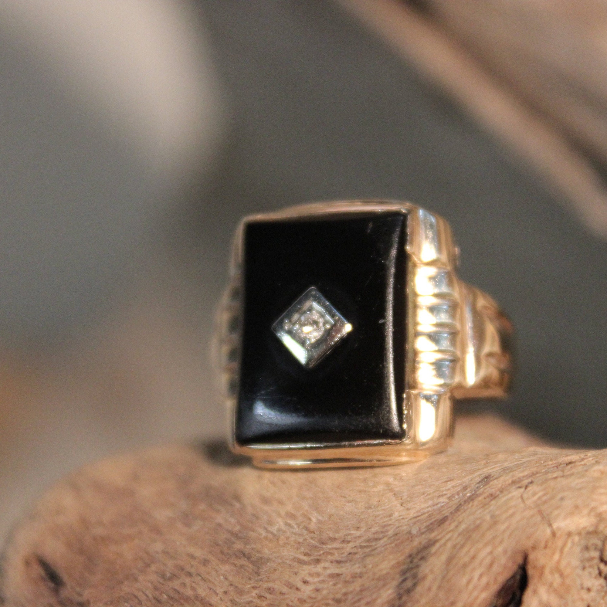 1930's Vintage Mens Diamond Ring Diamond Onyx Ring 10K Solid Gold Mens ...