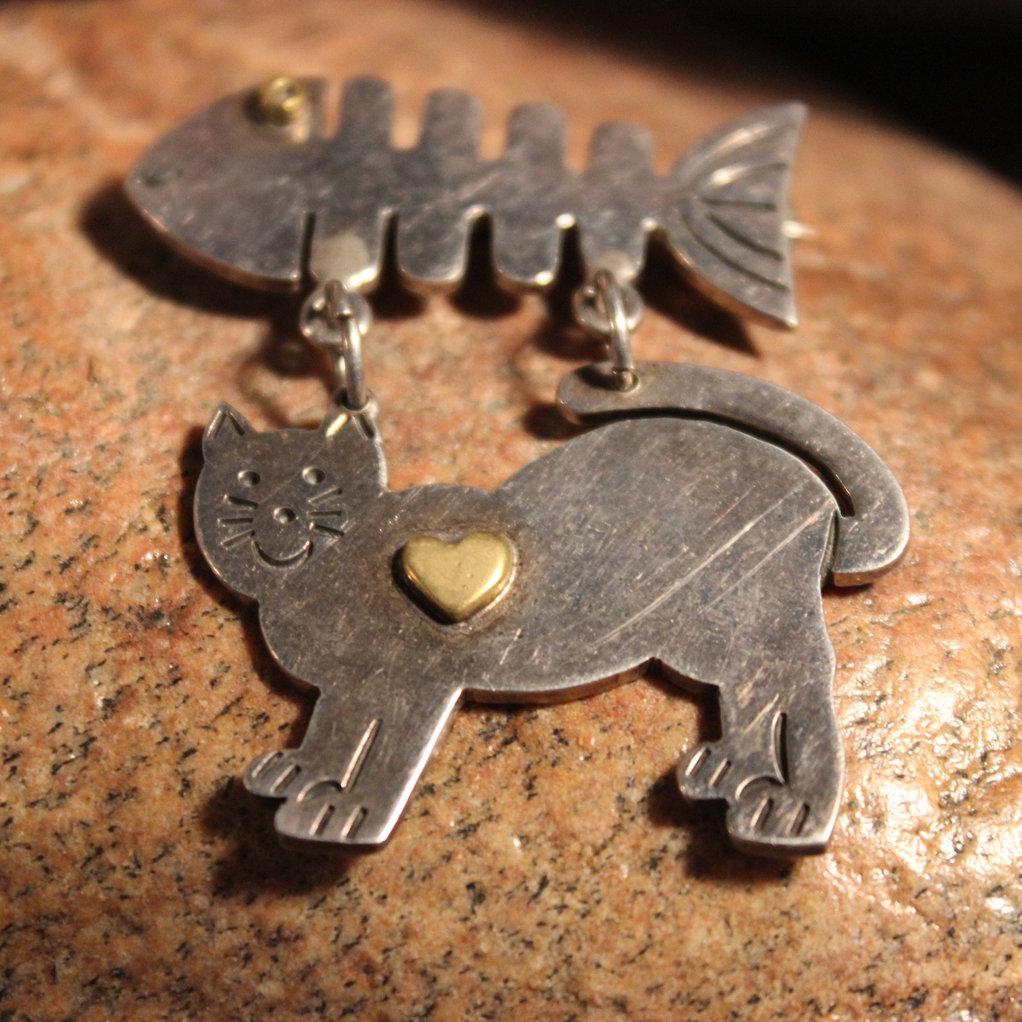 Large Silver Cat Pin Cat & Fish Bone Heavy Vintage Sterling Silver Pin ...