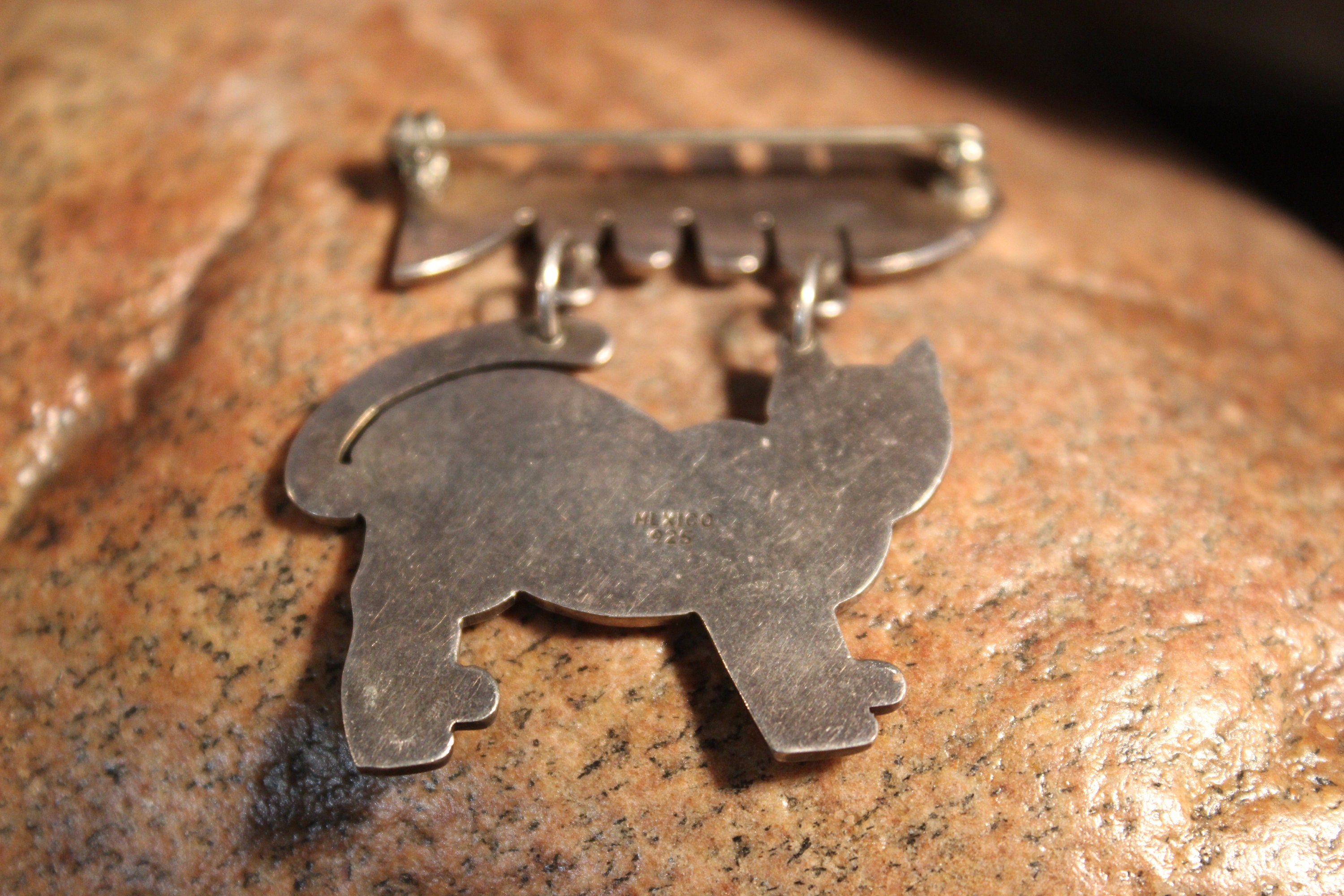 Large Silver Cat Pin Cat & Fish Bone Heavy Vintage Sterling Silver Pin ...