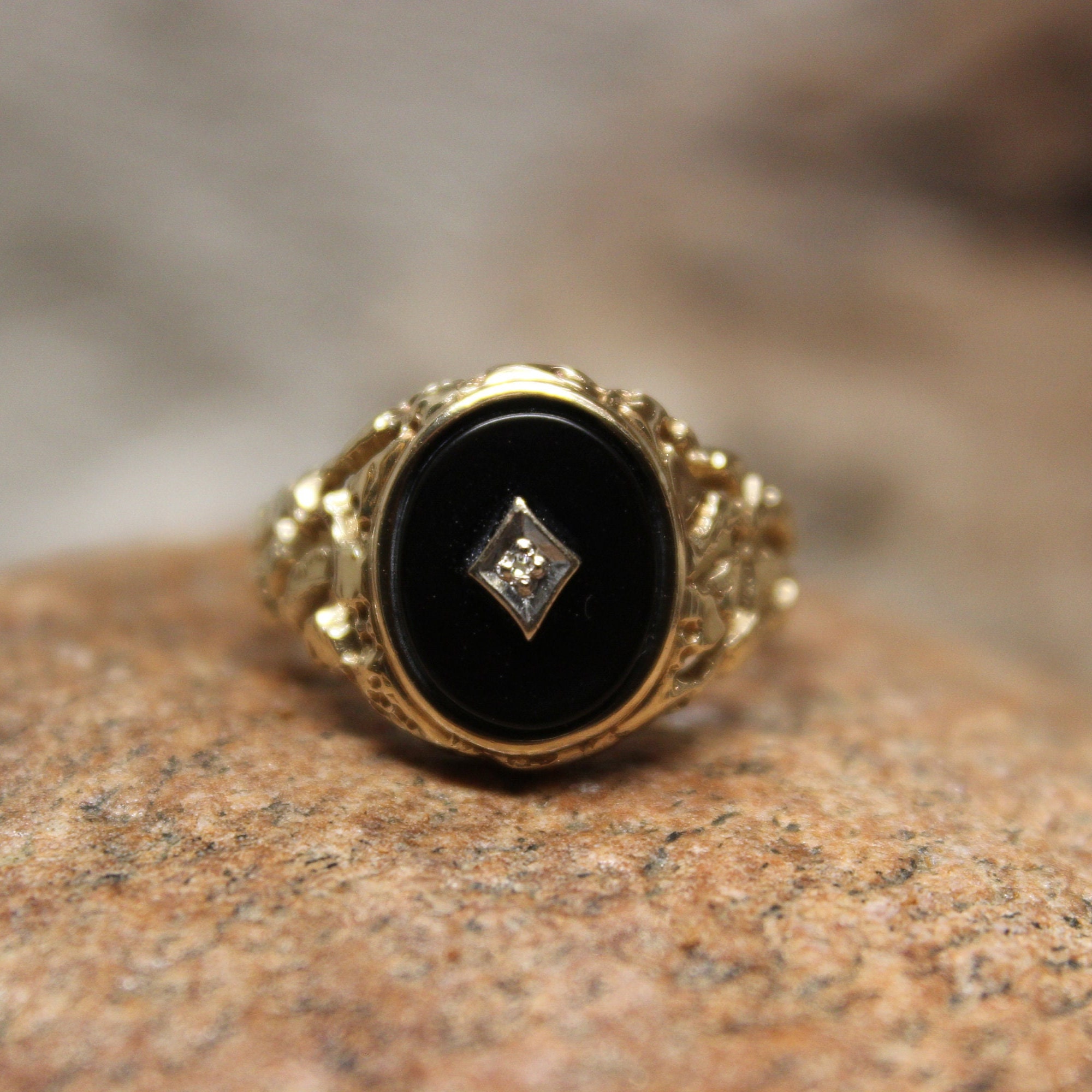 1980's Vintage Mens Large Diamond Onyx Ring 10K Solid Yellow Gold Mens ...