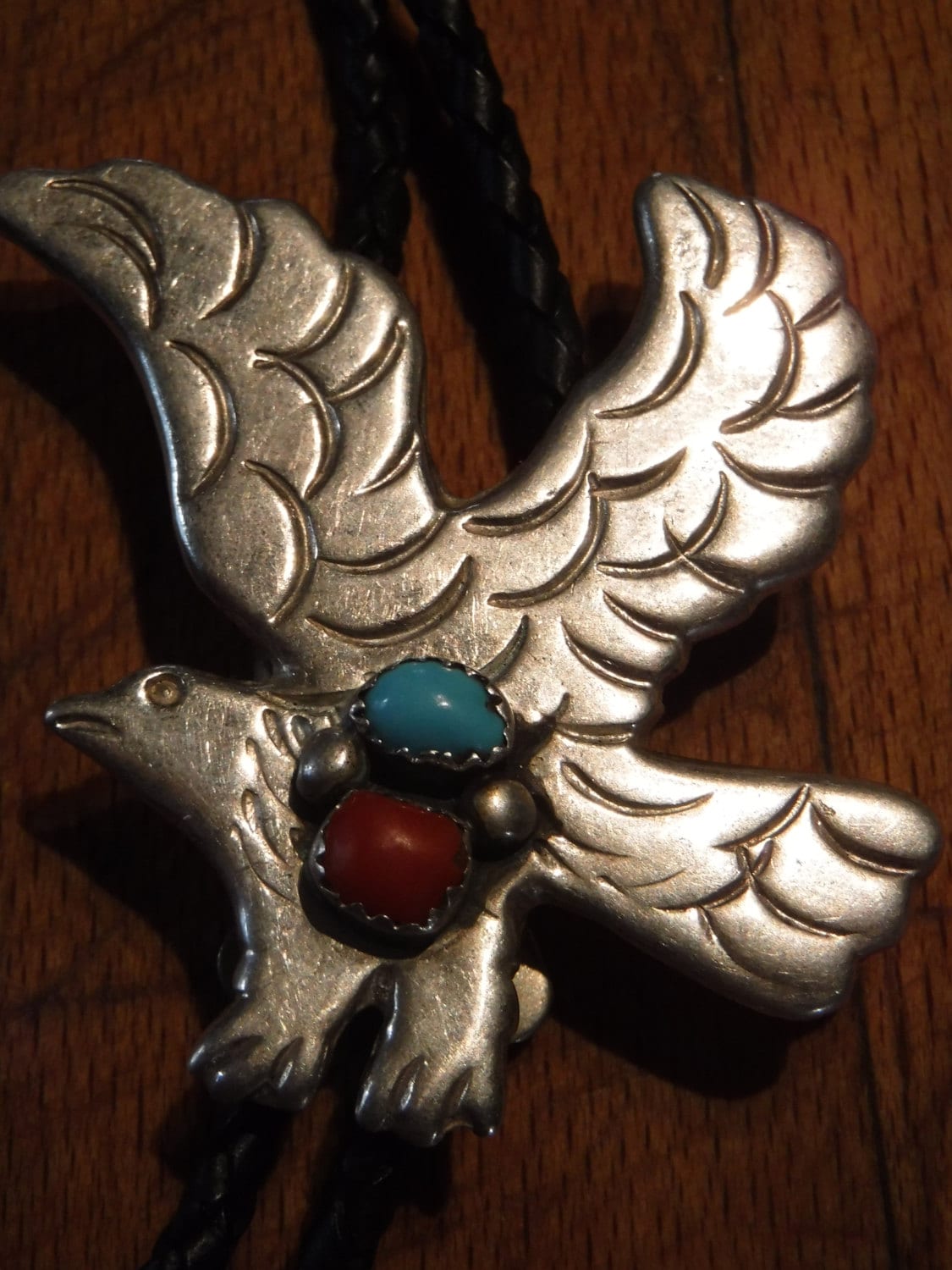 Large Navajo Bolo Vintage Sterling Silver Eagle Turquoise Coral Bolo ...