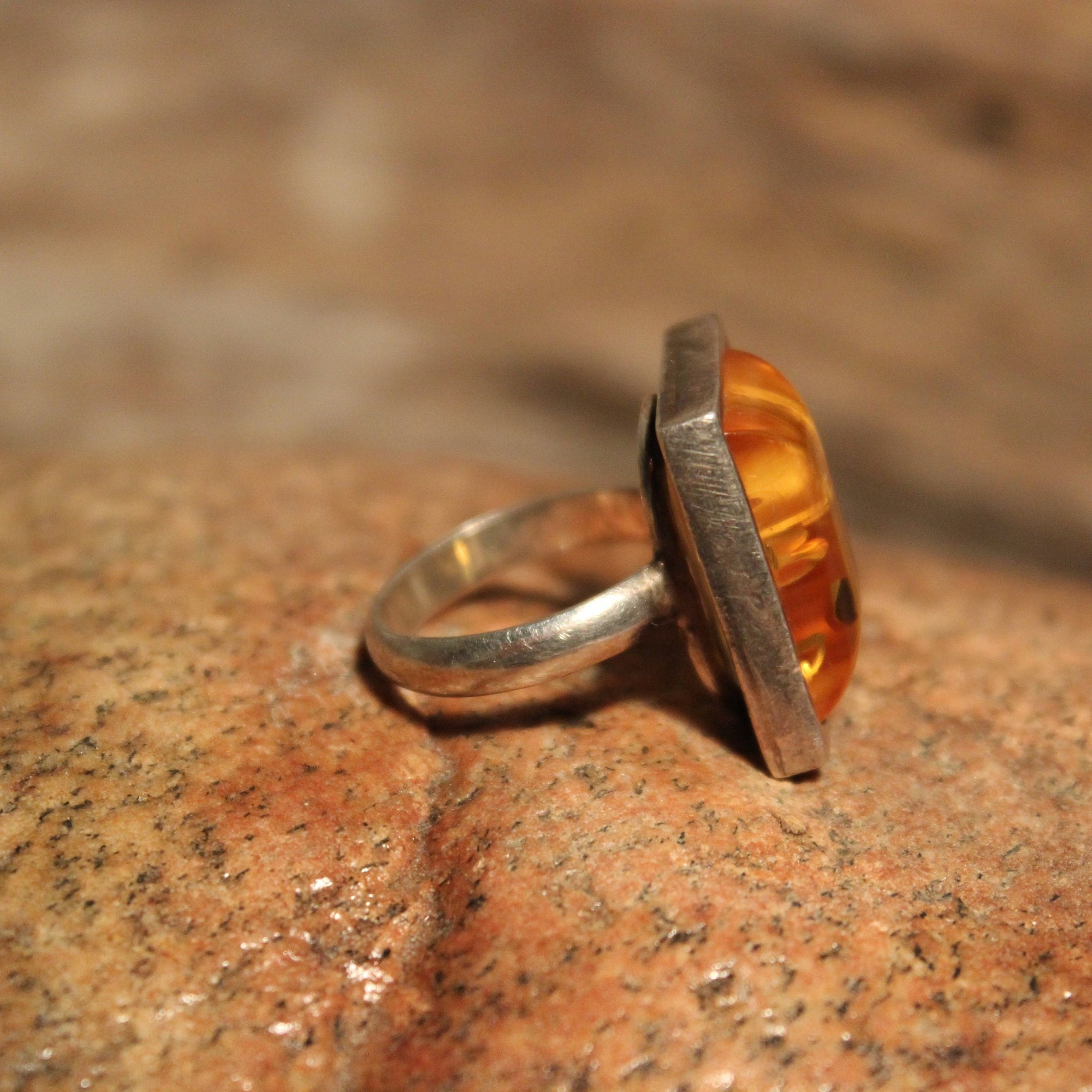 Vintage Large Amber Silver Ring Size 7 Sterling Silver Domed Amber Ring ...