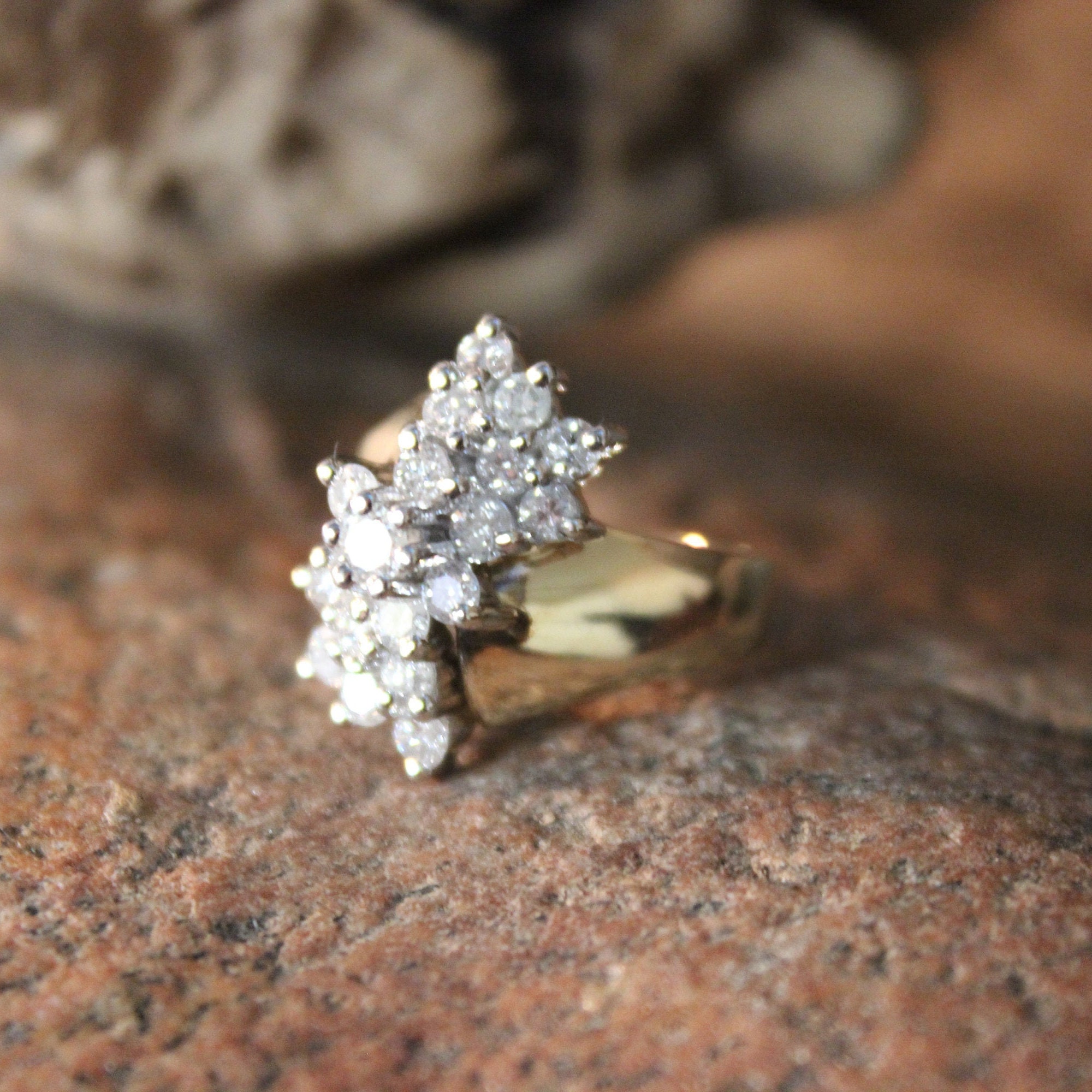 1980's Vintage Diamond Ring 14K Yellow Gold 1 CTW Diamond Cluster ...