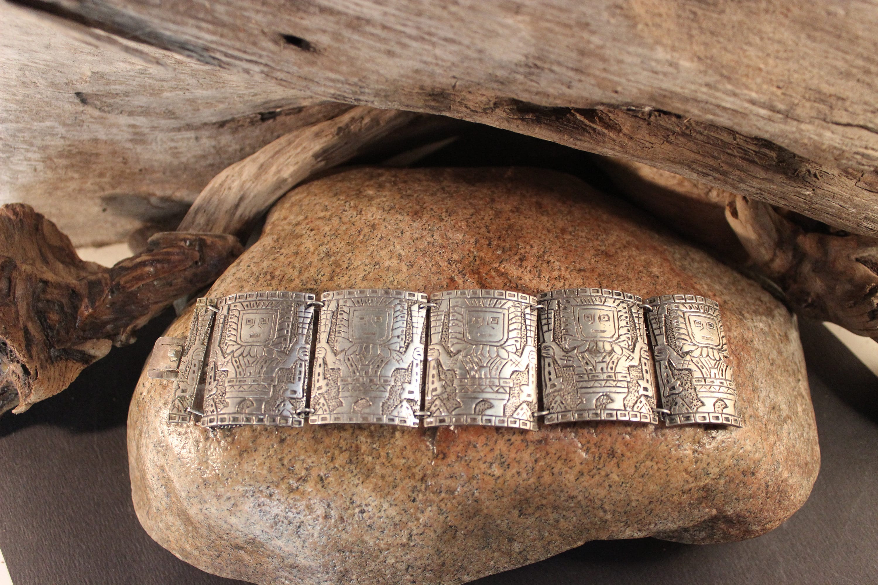 Vintage Heavy Peruvian Inca Sterling Silver Panel Bracelet Heavy 87.4 ...