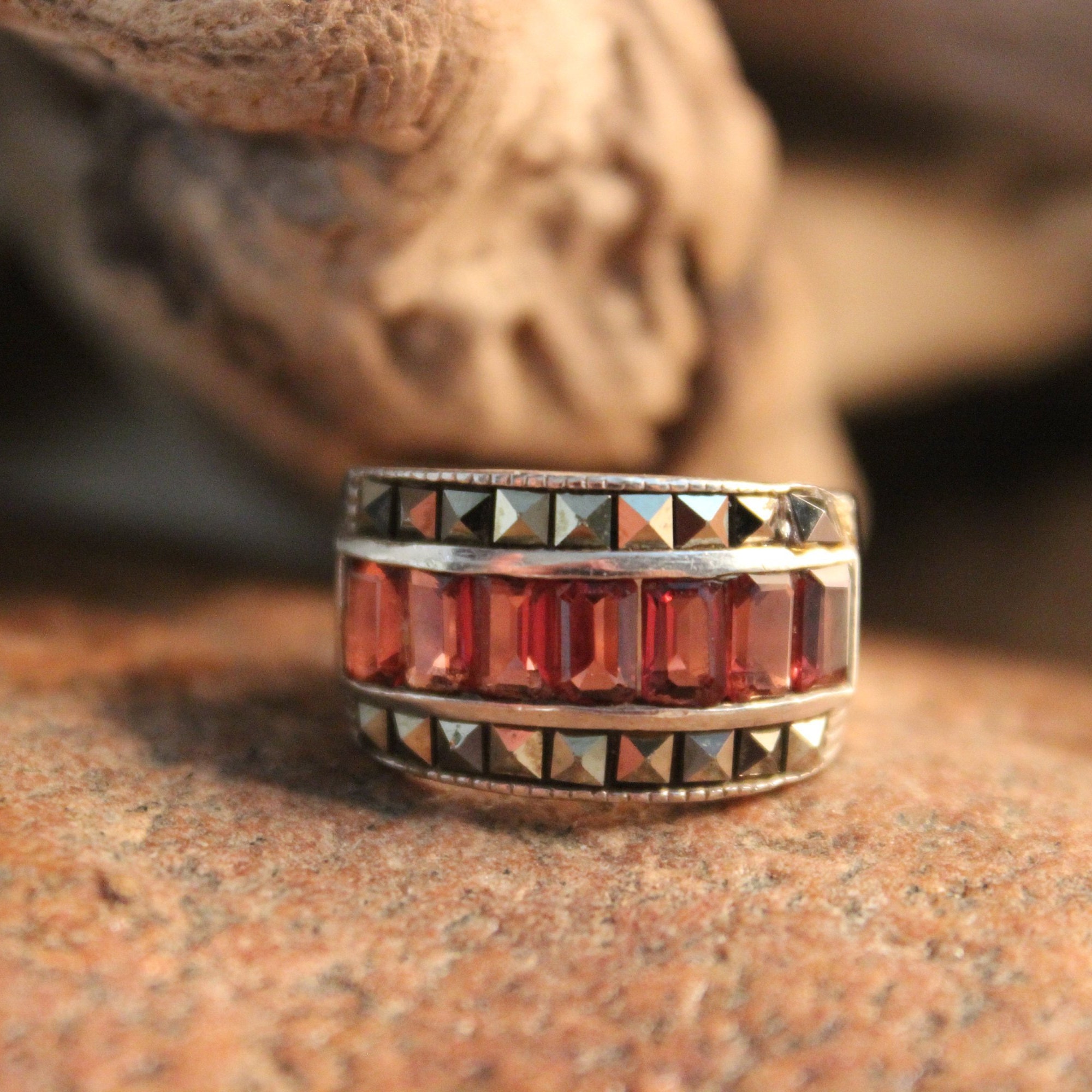 Vintage Red Garnet Marcasite Silver Ring Sterling Silver Ring Size 6.5 ...