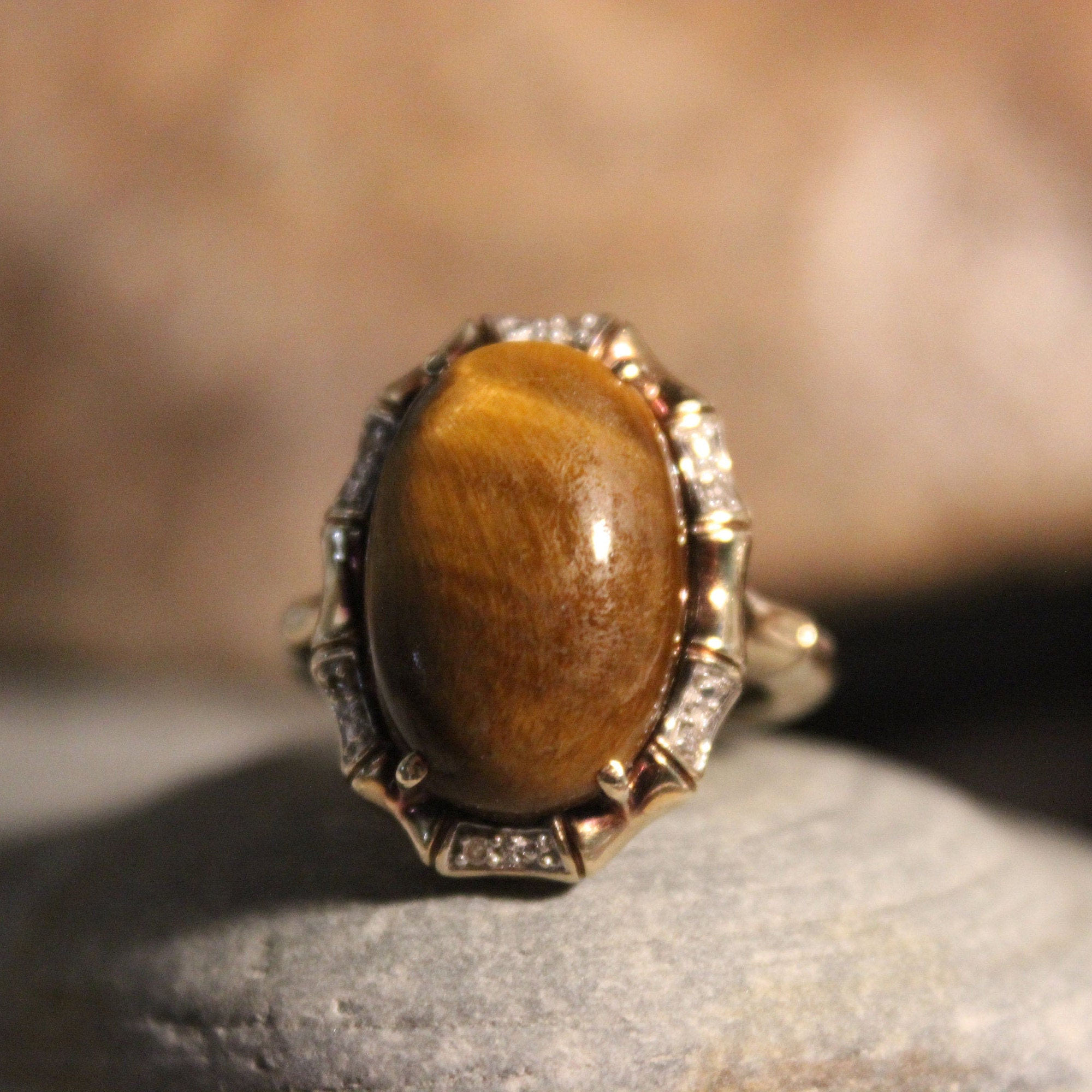 Vintage Large Tigers Eye & Diamond Ring Size 7.5 Weight 5.6 Grams 10K ...