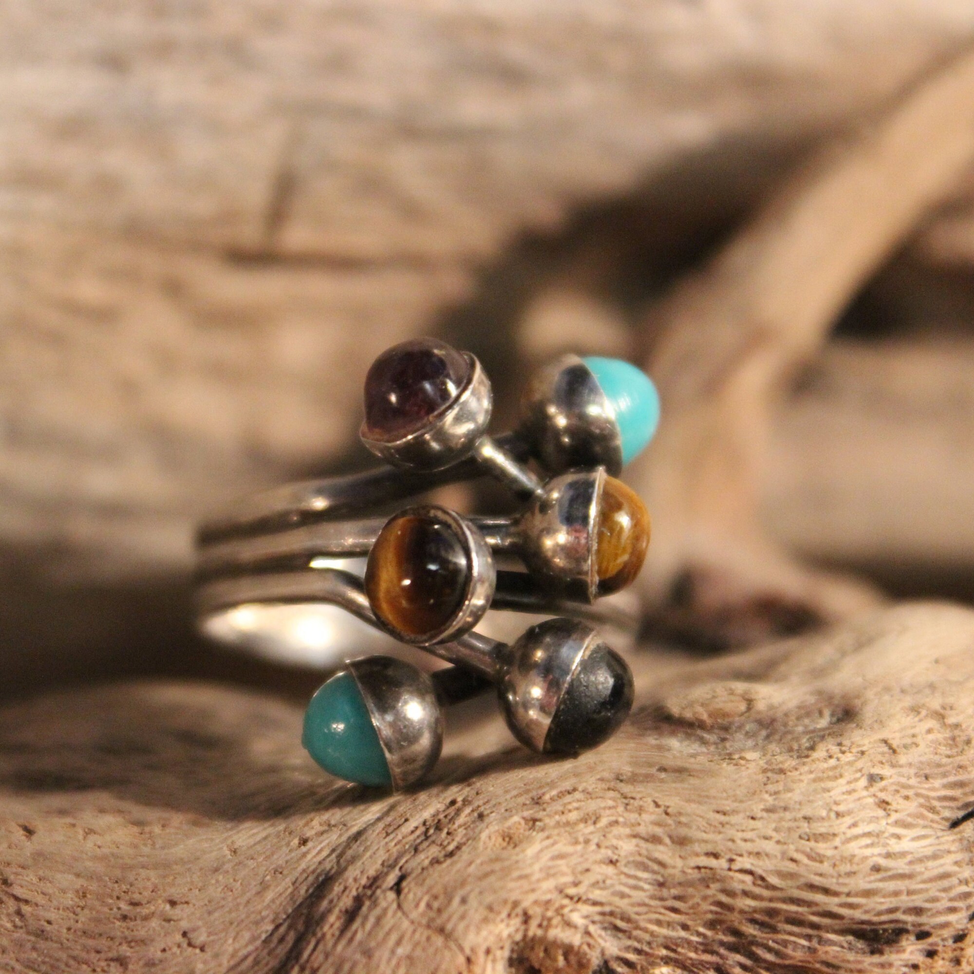 Sterling Mexico Large Multi Inlay Stone Silver Ring 4.3 Grams Size 8.5 ...