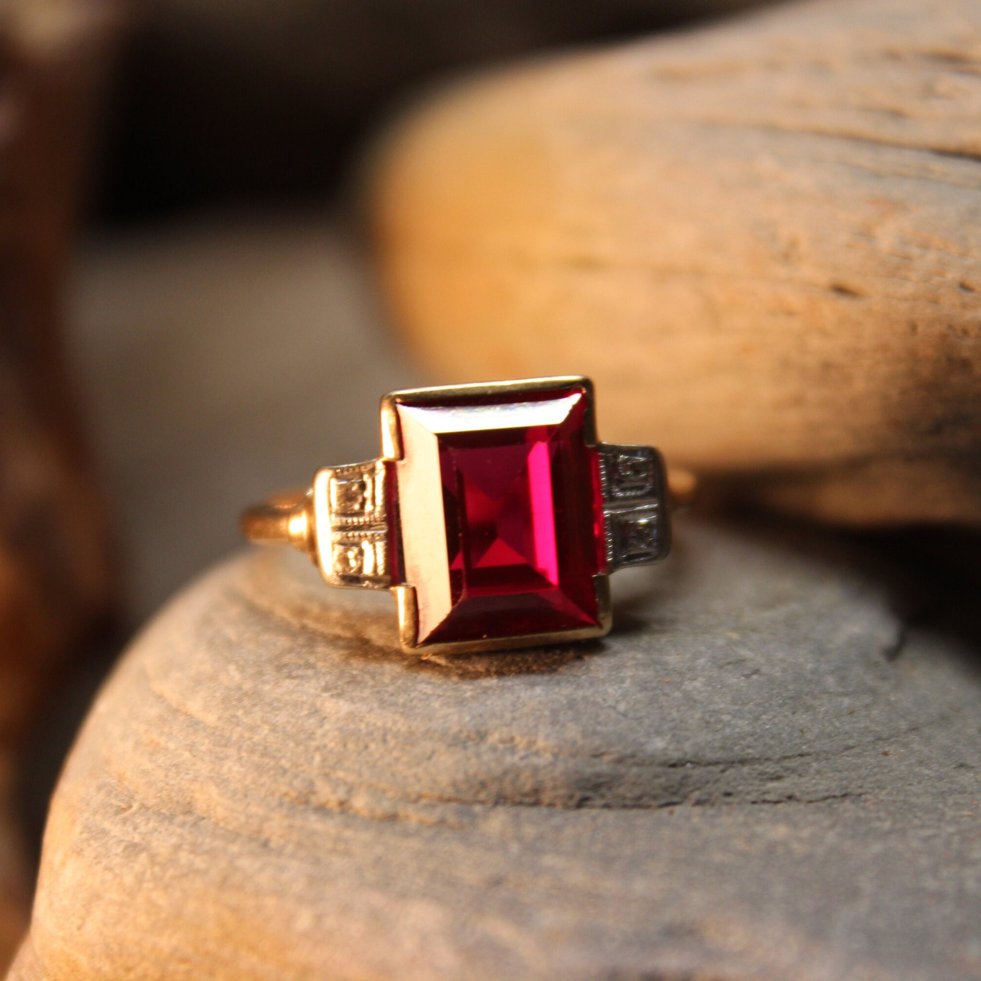 1930s Vintage Solid Gold Ruby Diamond Ring 10K Gold Ruby Deco Ring 3.1 ...