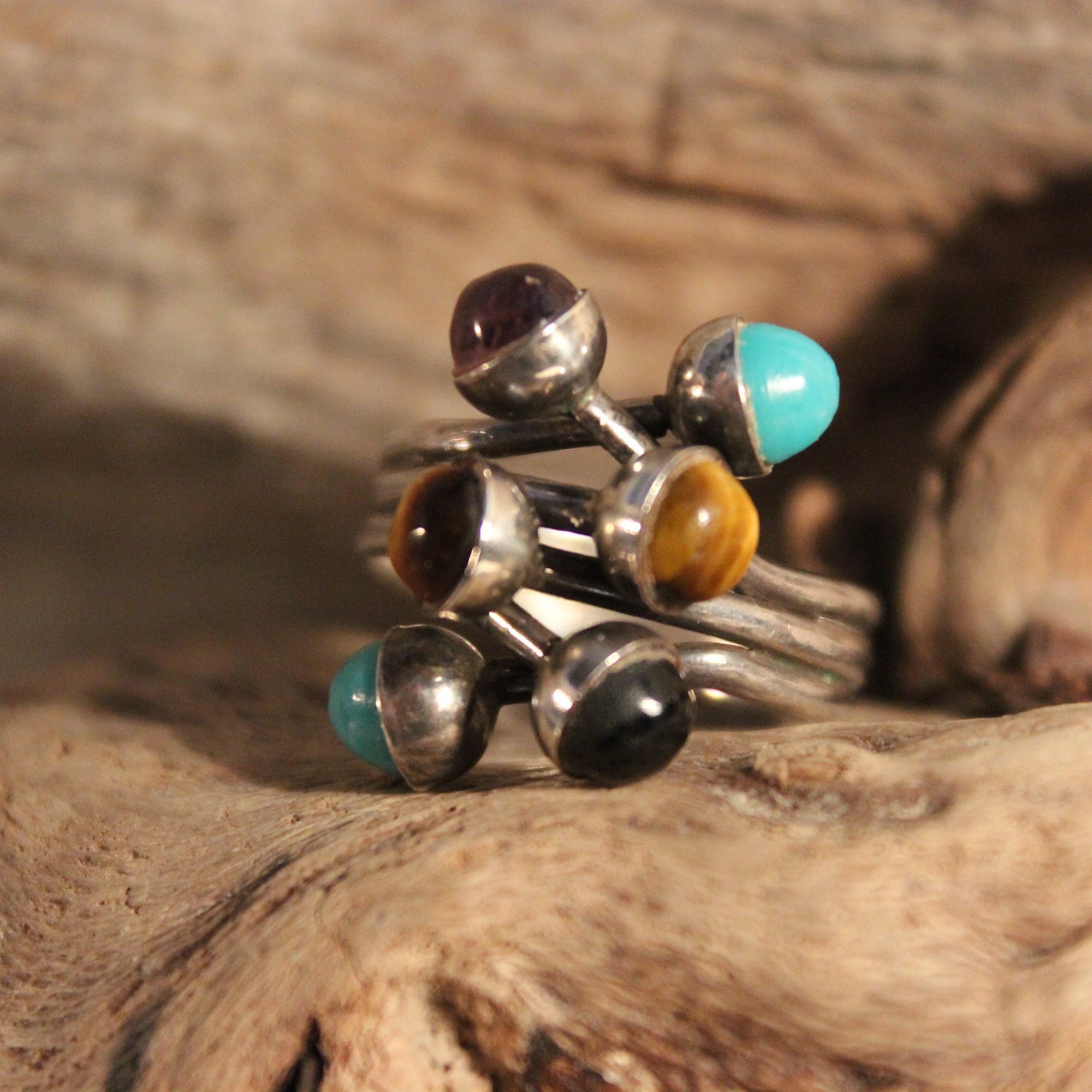 Sterling Mexico Large Multi Inlay Stone Silver Ring 4.3 Grams Size 8.5 ...